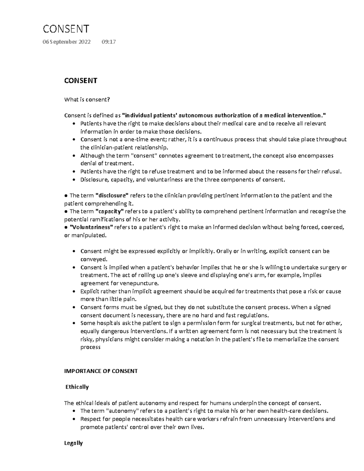 Consent - notes - CONSENT What is consent? Consent is defined as ...