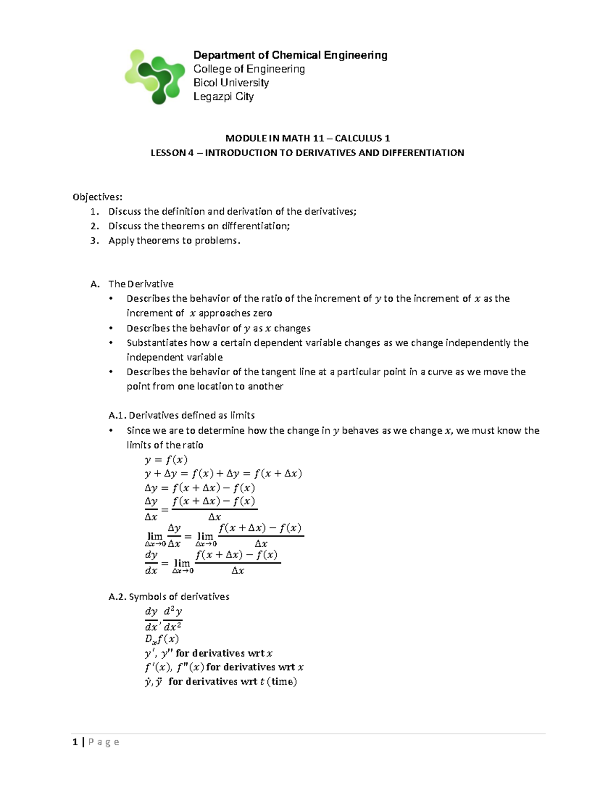 Lesson 4 - Introduction to Derivatives and Differentiation - MODULE IN ...
