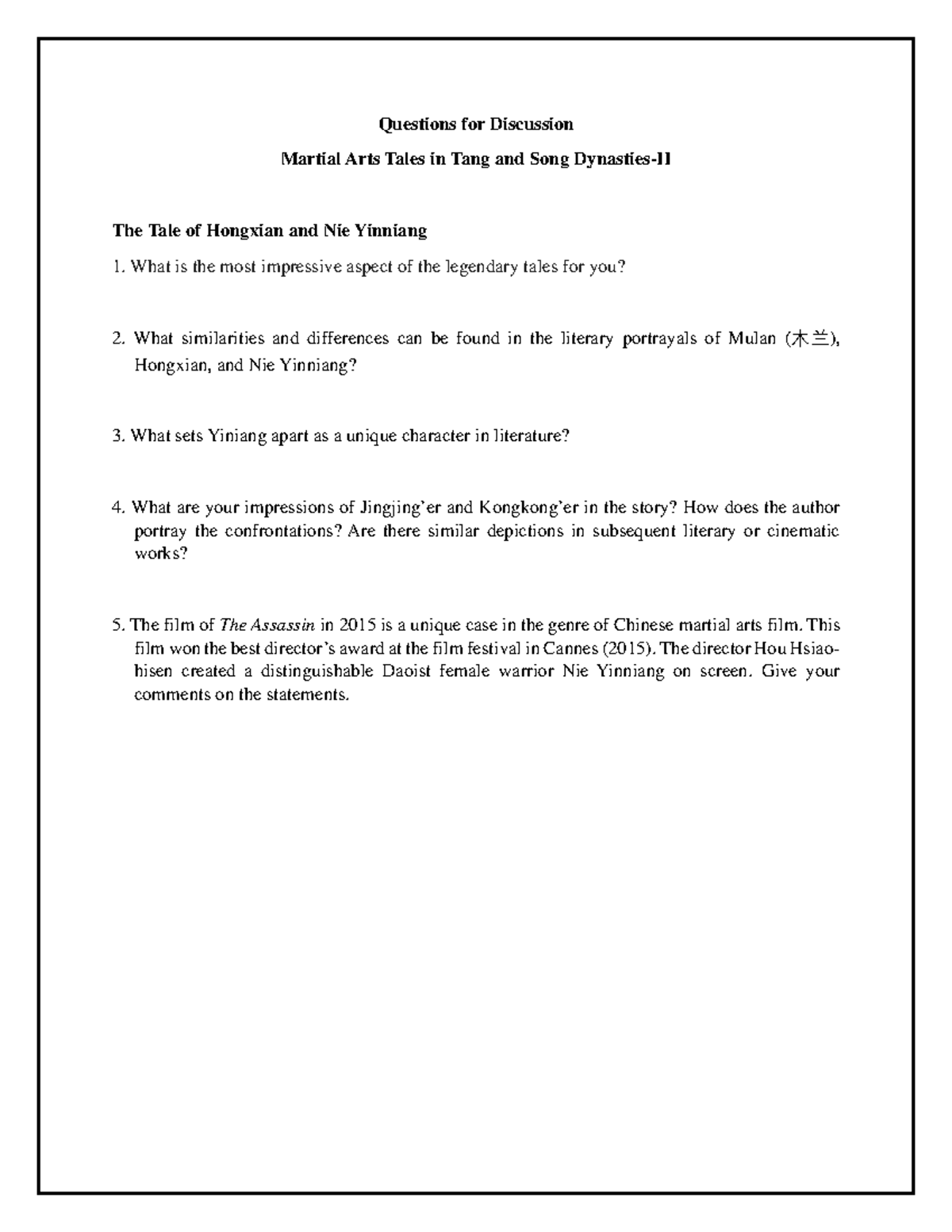 Questions for Discussion-2 - Questions for Discussion Martial Arts Tales in Tang and Song - Studocu