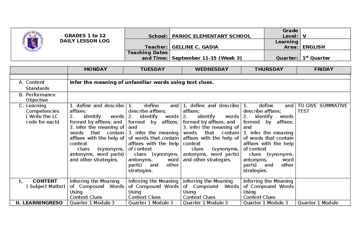 DLL WEEK 3 ENG - GRADES 1 to 12 DAILY LESSON LOG School: PARIOC ELEMENTARY SCHOOL Grade Level: V ...