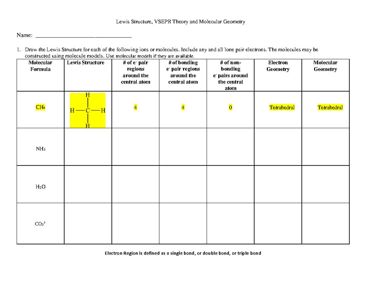 Vsepr Theory Worksheet - Electron Region is defined as a single bond ...