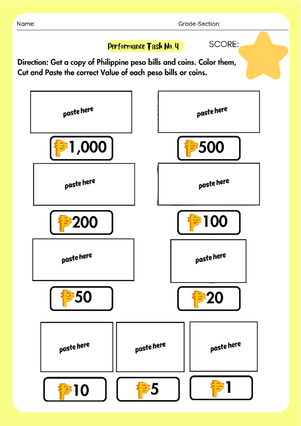 MATH Practice Grade 3 - Name: Performance Task No. y SCORE: Direction ...