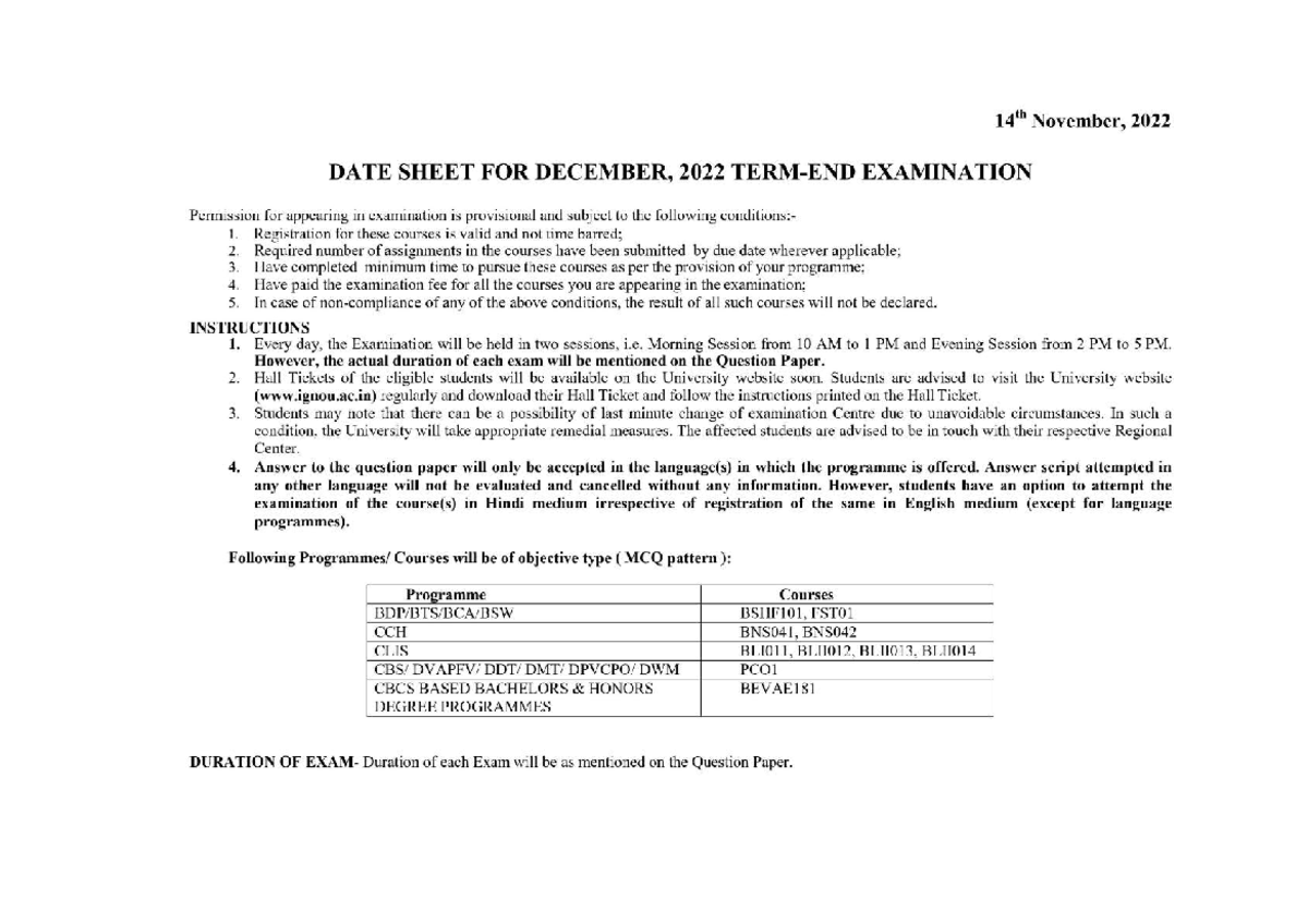 Ignou Date Sheet Dec 2022 Updated on 14th Nov 2022 - Bachelor of ...