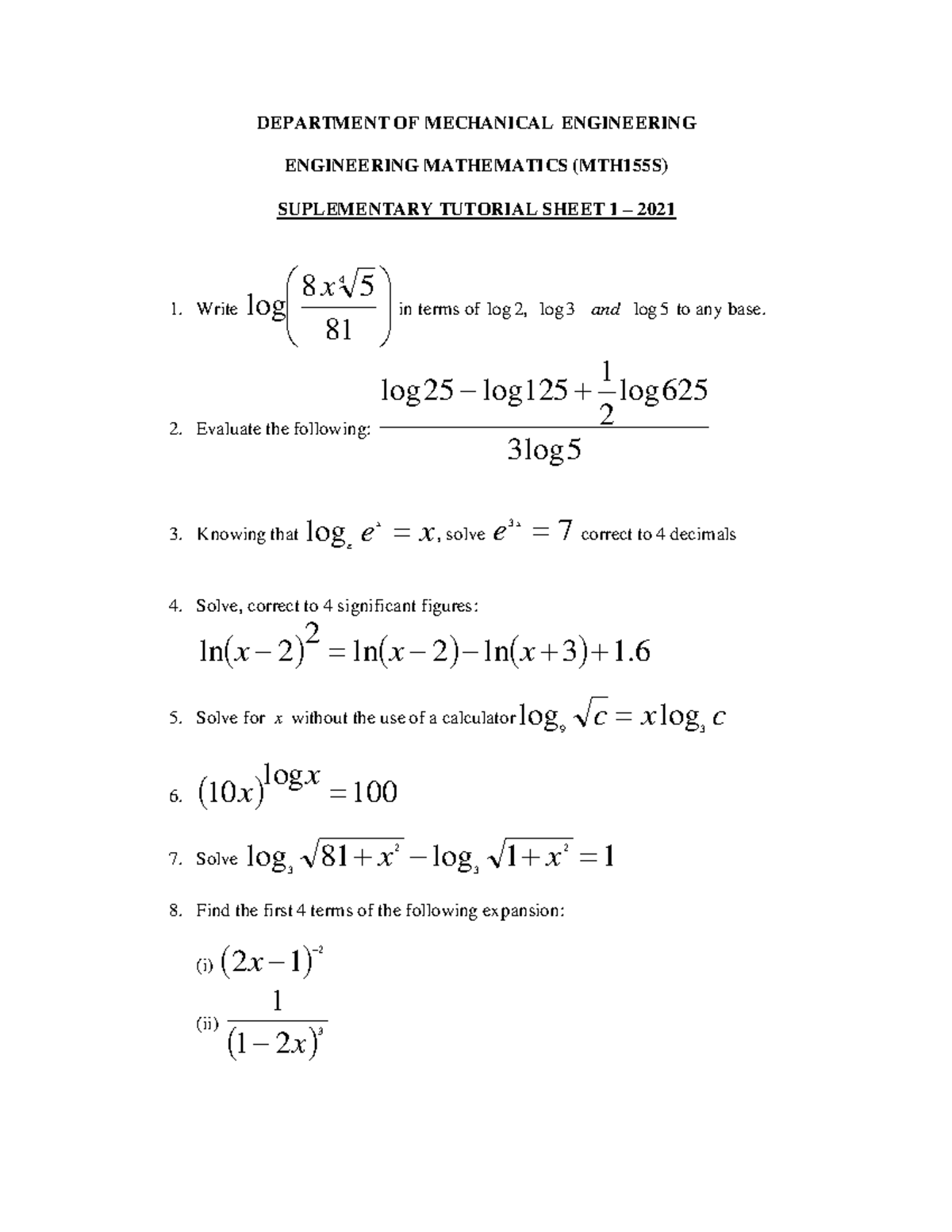 Tutorial Sheet 1 - Supplement Sheet 1 - DEPARTMENT OF MECHANICAL ...