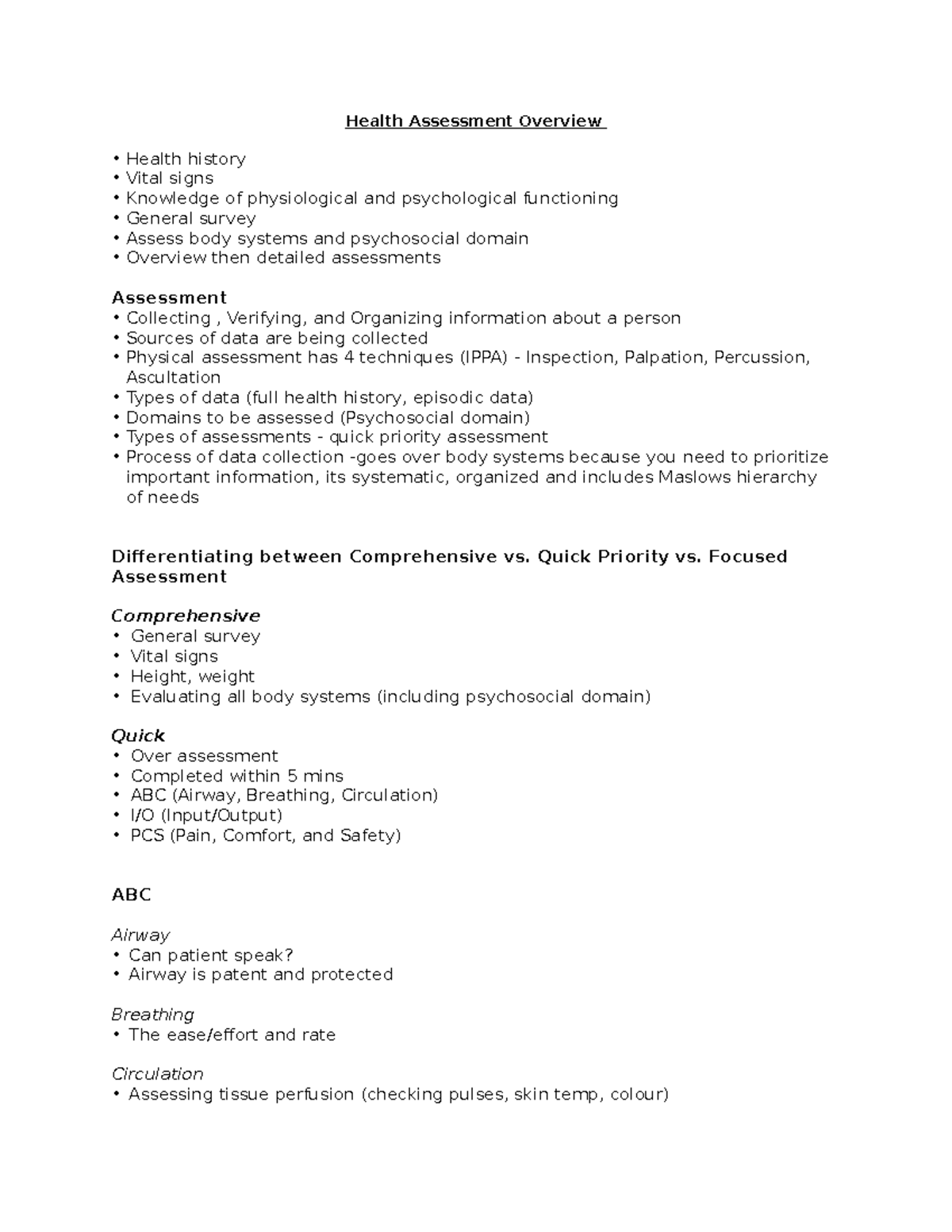 Health Assessment Overview - Health Assessment Overview Health history ...