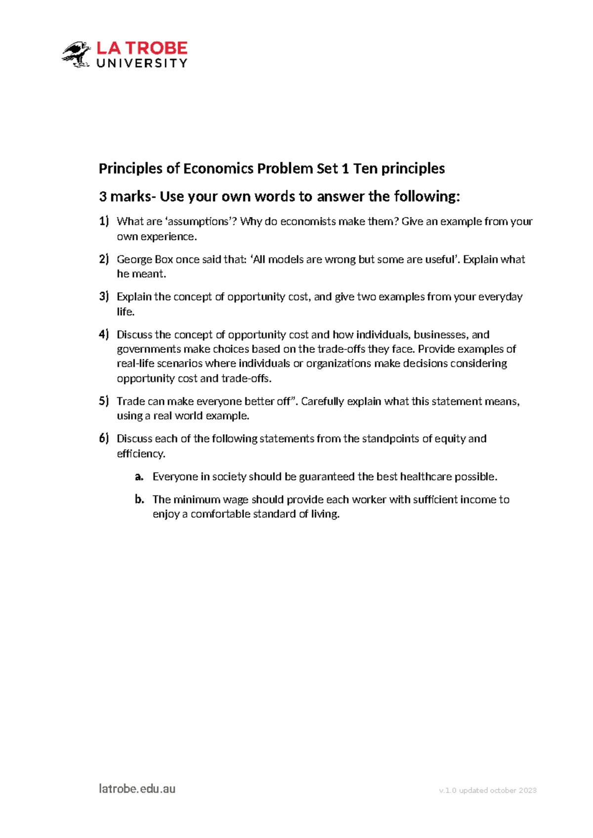 BUA4003 - problem set 1 - Principles of Economics Problem Set 1 Ten ...