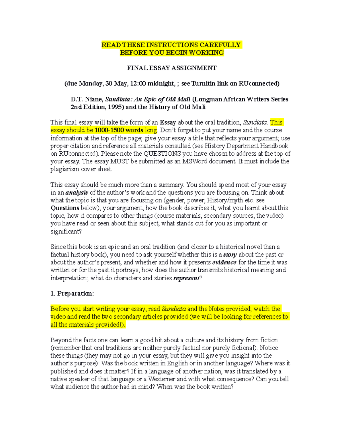Final Essay Assignment Sundiata Mali - READ THESE INSTRUCTIONS ...