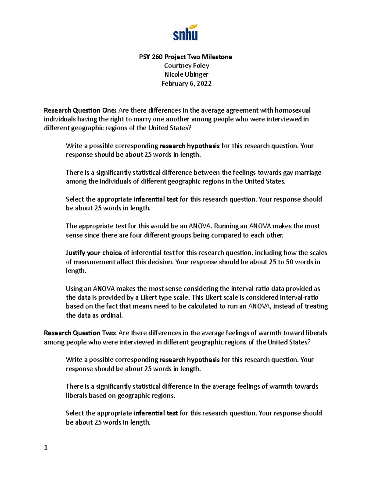 PSY260 Project Two Milestone - PSY 260 Project Two Milestone Courtney ...