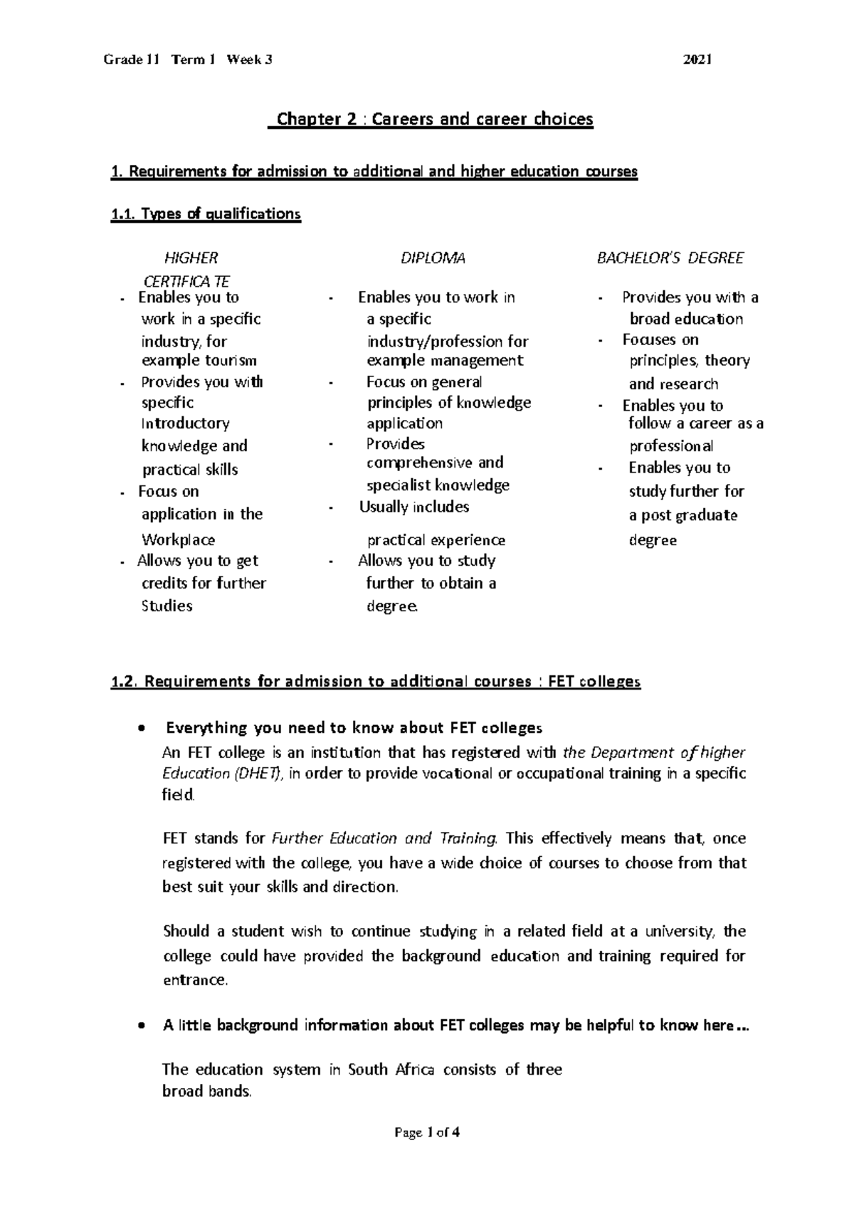 Grade 11 LO 1 - Chapter 2 : Careers and career choices Requirements for ...