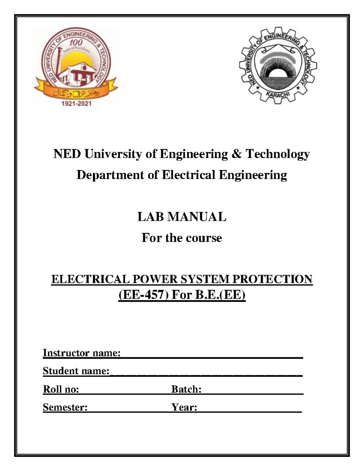 EE 457 Electrical Power System Protection 0 - NED University of Engineering & Technology - Studocu