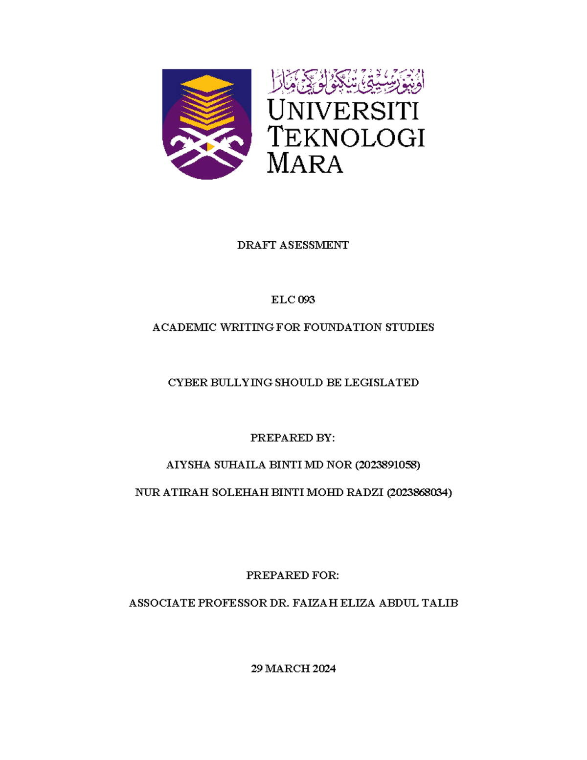 Draft Assessment - DRAFT ASESSMENT ELC 093 ACADEMIC WRITING FOR ...