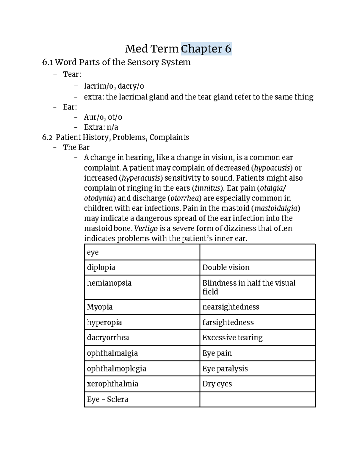 Med Term Chapter 6 - A patient may complain of decreased (hypoacusis ...