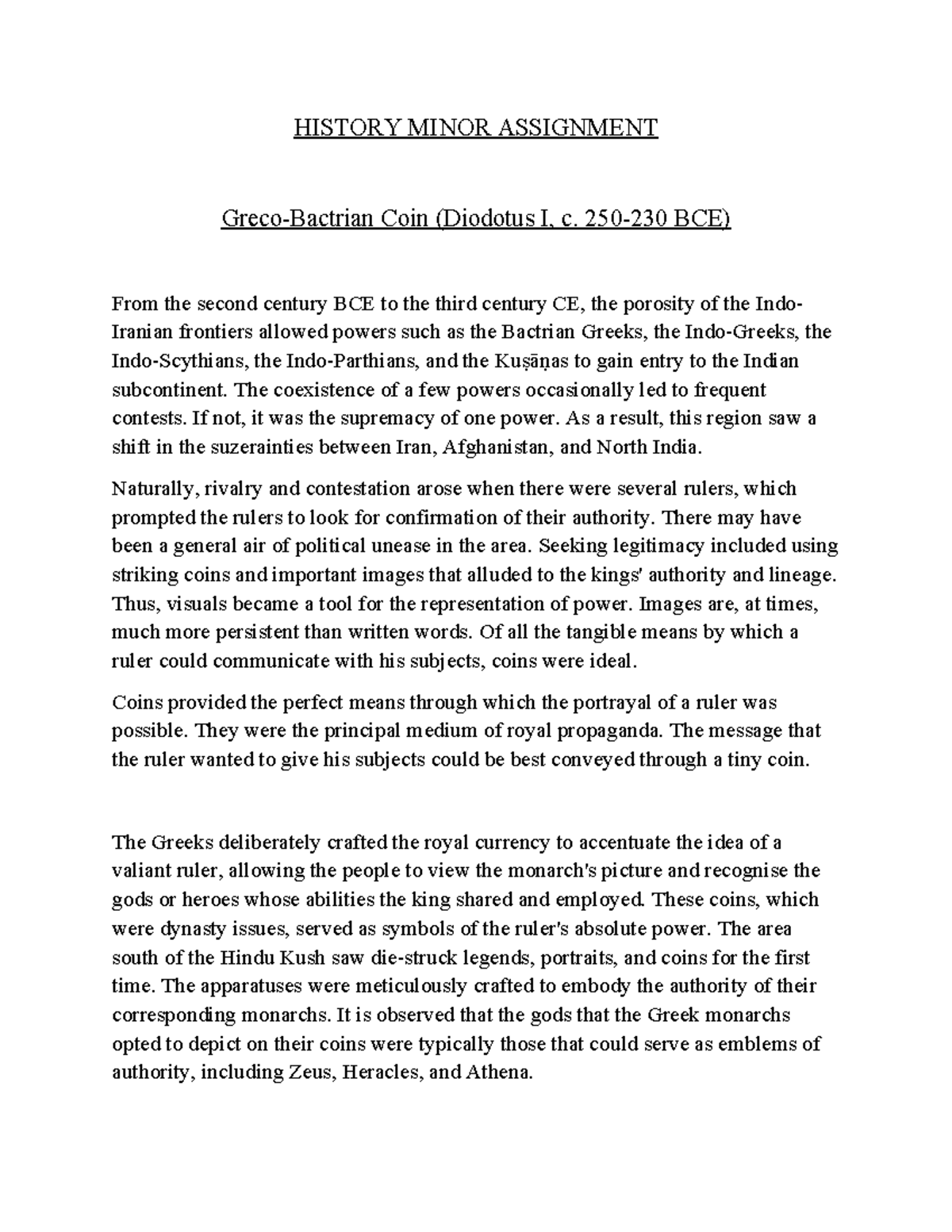 History minor assignment - HISTORY MINOR ASSIGNMENT Greco-Bactrian Coin ...