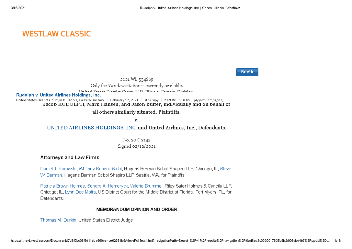 Rudolph v. United Airlines Holdings, Inc. Cases Illinois Westlaw ...