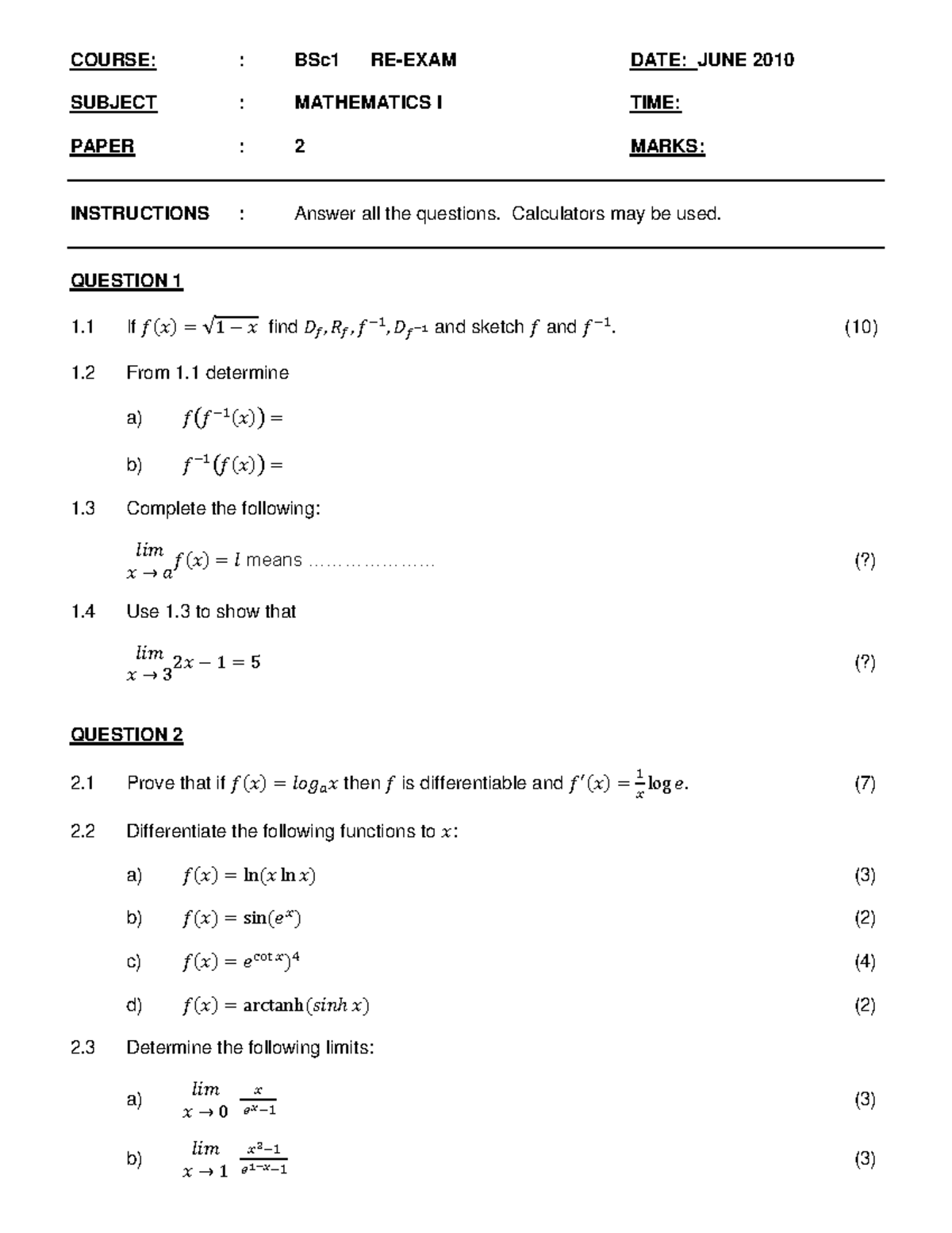 MATH 101 RE-EXAM Paper MAY -JUNE 2010-1 - COURSE: : BSc1 RE-EXAM DATE ...