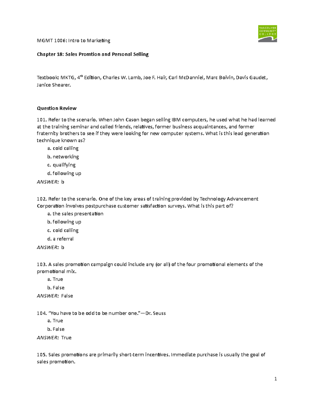 MAR - CH18 questions-3 - C18-q3 - Chapter 18: Sales Promtion and ...