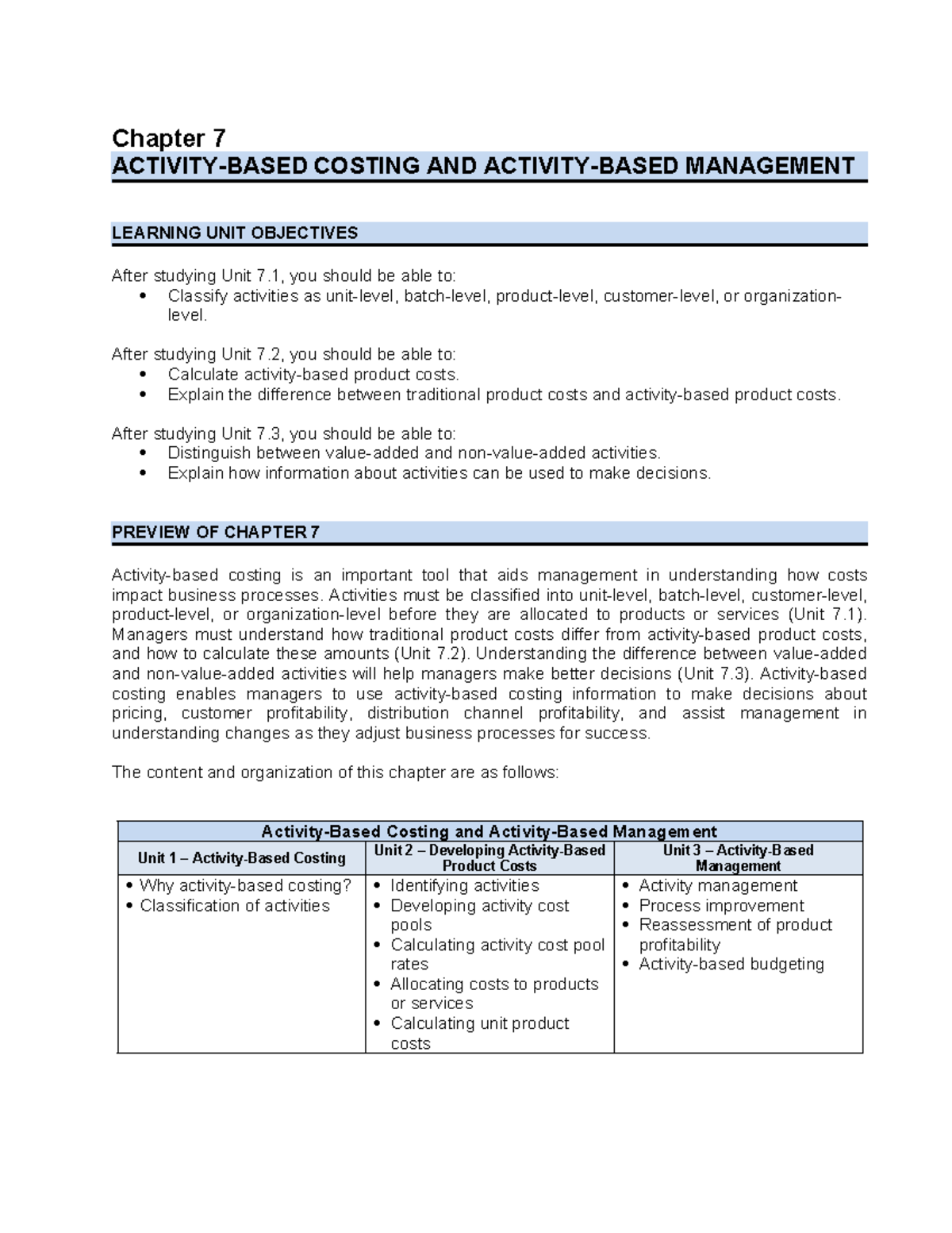 Ch07 - CH7 - Chapter 7 ACTIVITY-BASED COSTING AND ACTIVITY-BASED MANAGEMENT LEARNING UNIT ...
