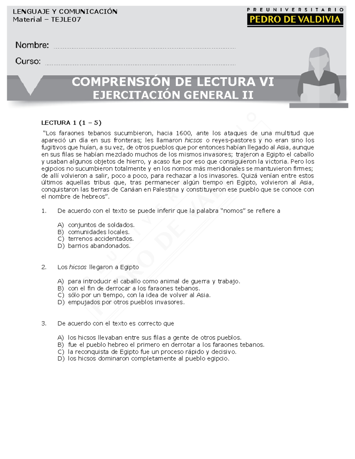 Taller de Ejercitación N°7 - Ejercitación General 2 - COMPRENSI”N DE LECTURA VI EJERCITACI”N ...