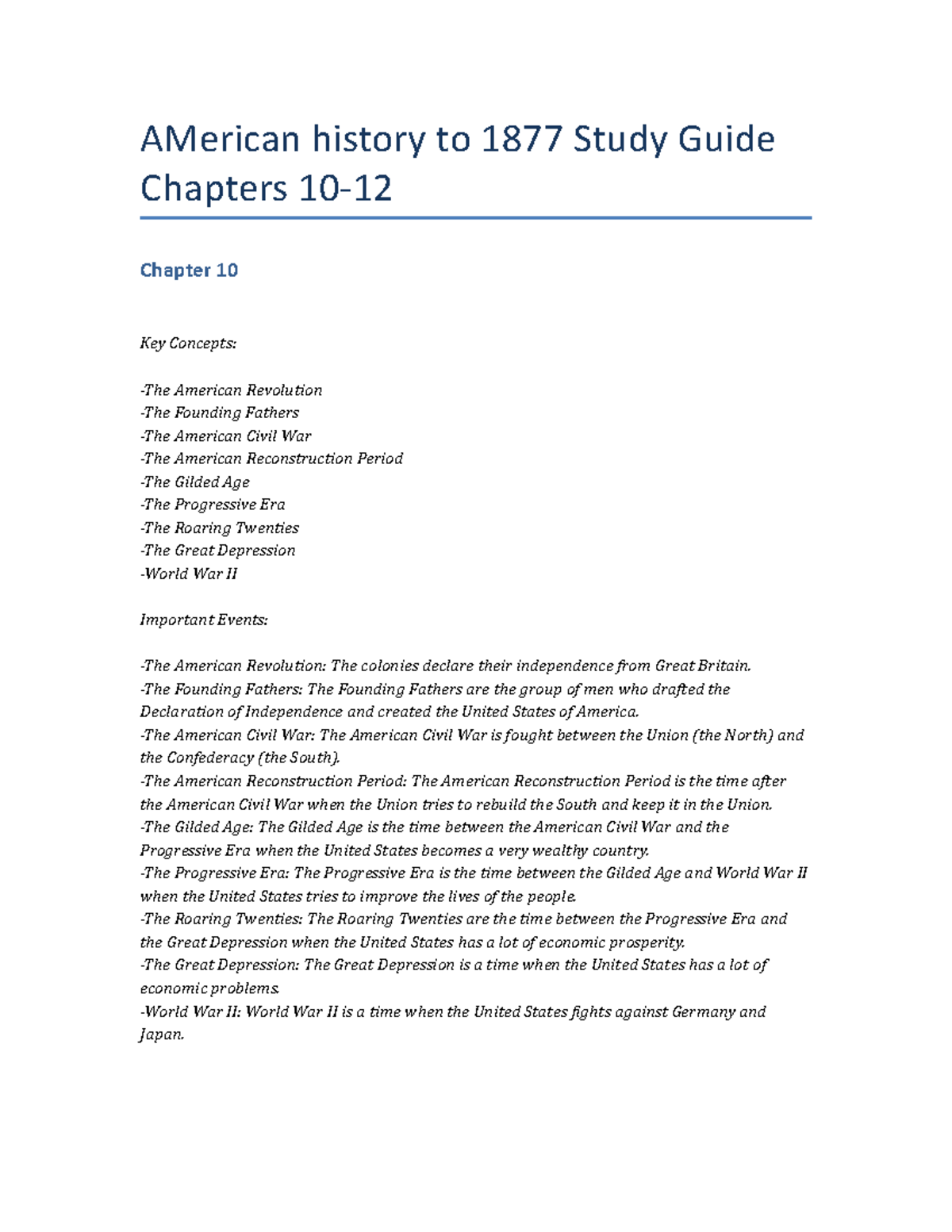 AMerican history to 1877 Study Guide Chapters 10-12 - AMerican history ...