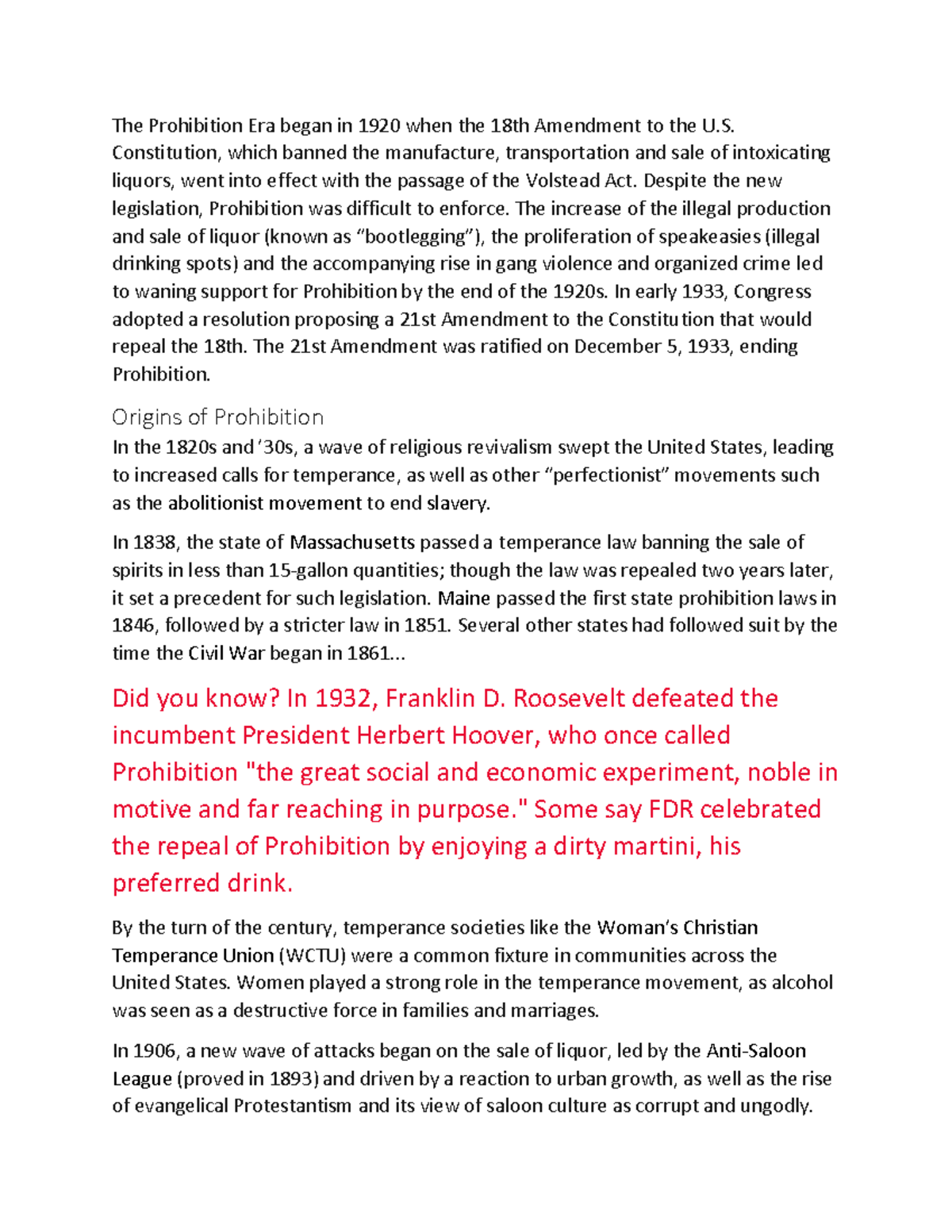 Prohibition Pt - Notes - The Prohibition Era began in 1920 when the ...