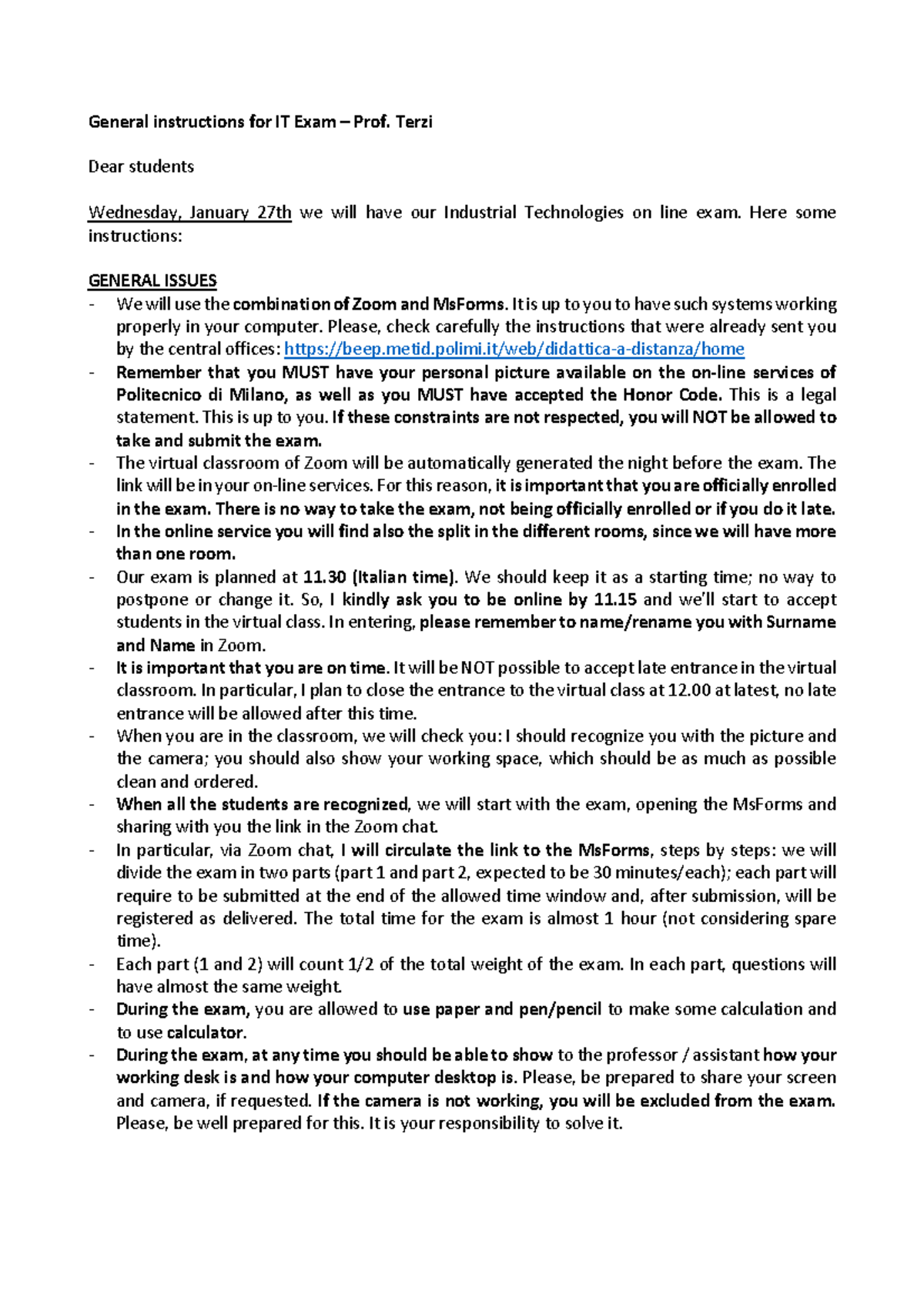 General instructions for IT Exam - January 27th - General instructions ...