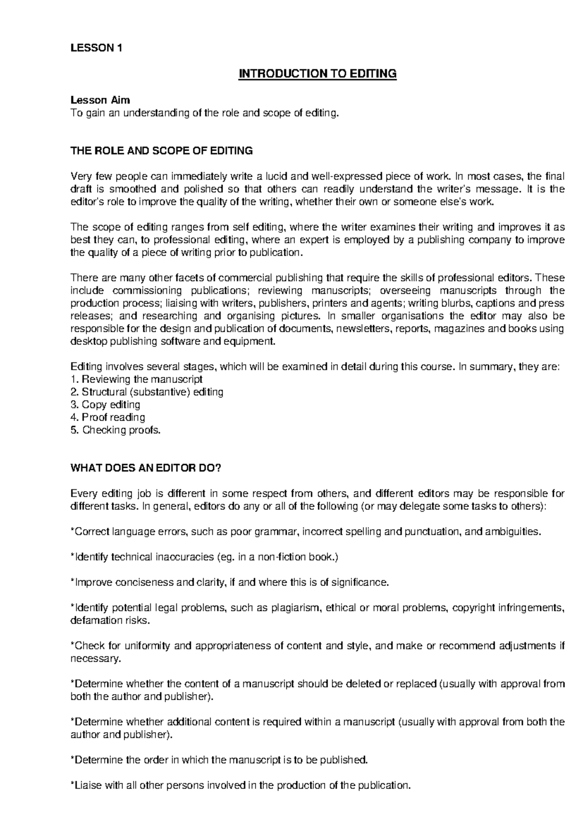 Trisha Editing notes 1 - LESSON 1 INTRODUCTION TO EDITING Lesson Aim To ...