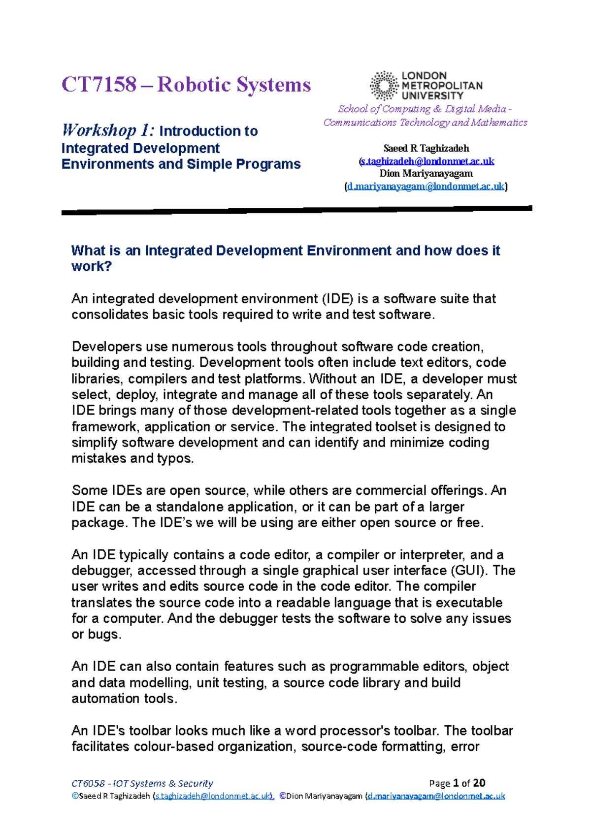 Workshop 1 Introduction to Integrated Development Environments and ...