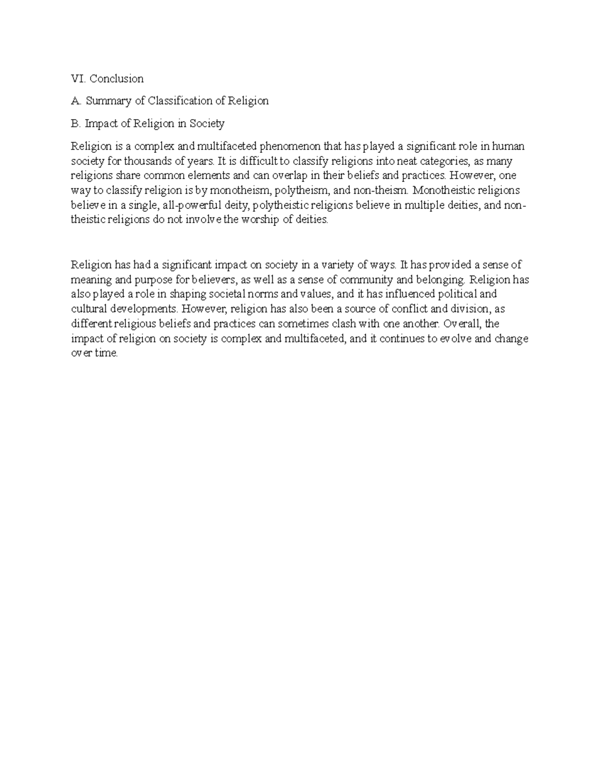Classifications of religion 6 - VI. Conclusion A. Summary of ...