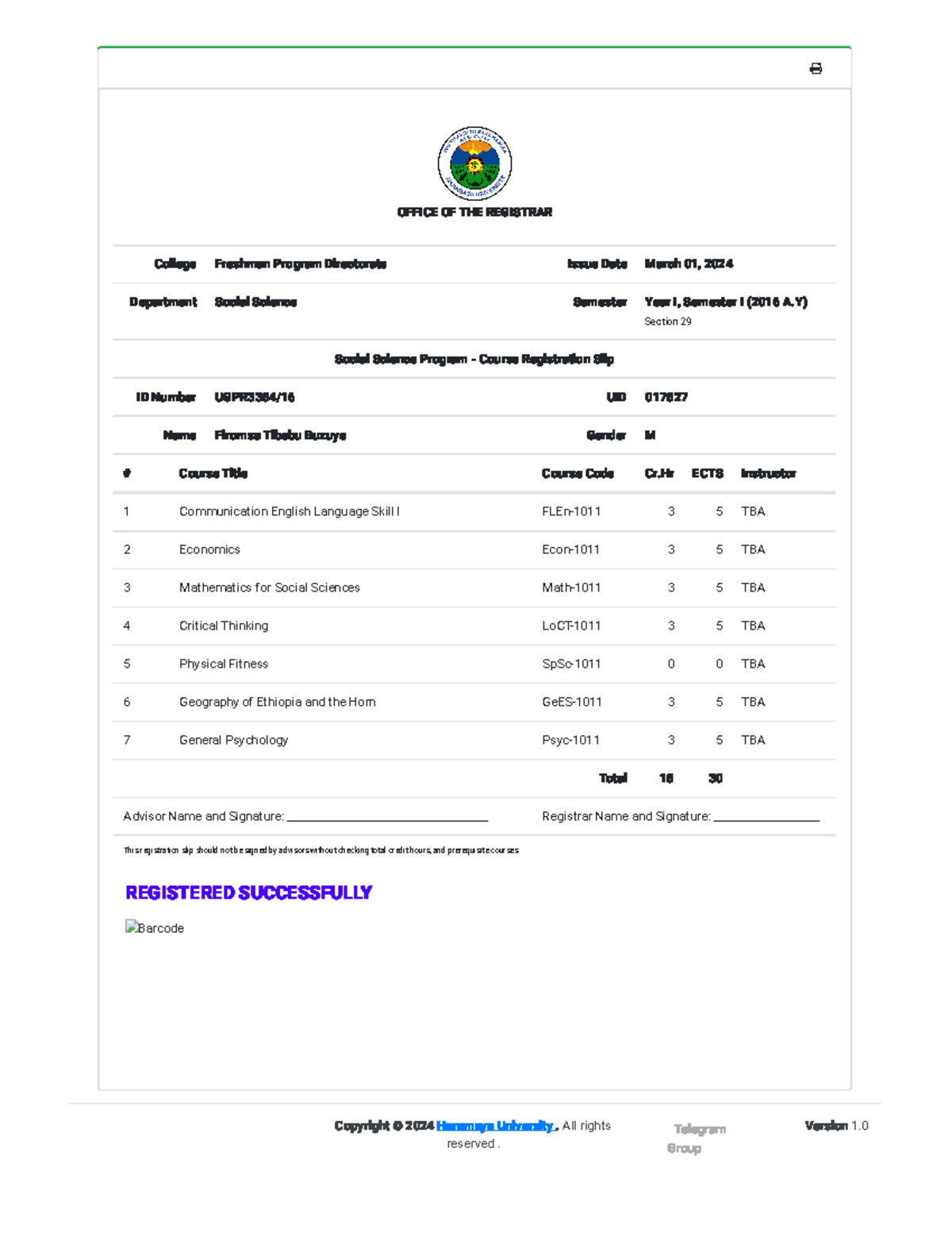 HU- Isims - OFFICE OF THE REGISTRAR College Freshman Program Directorate Issue Date March 01 ...