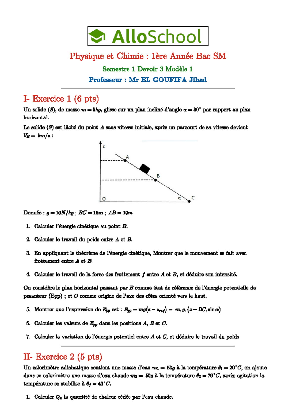 Pc 1bac sm semestre 1 devoir 3 modele 1 4 - Analyse mathématique - Studocu