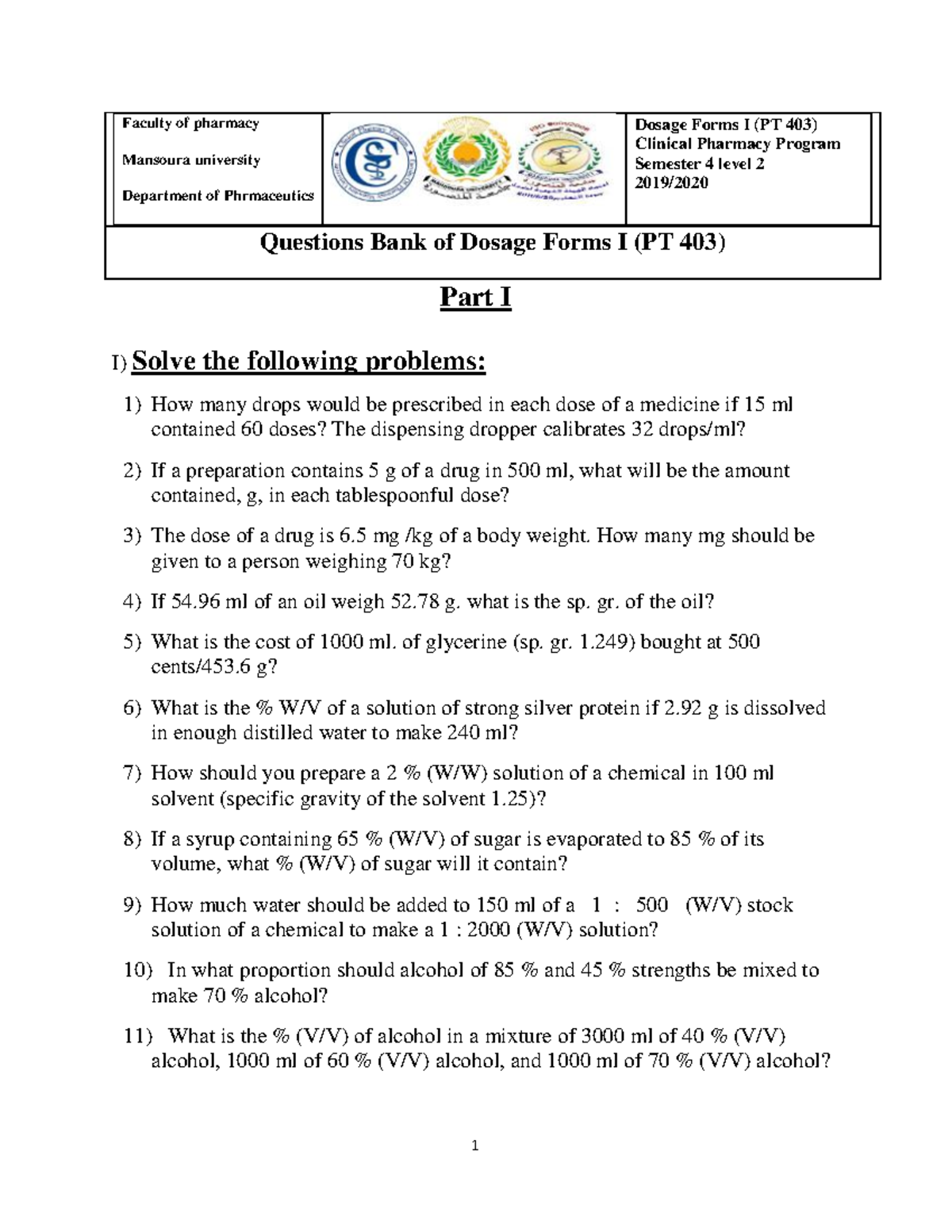 Question bank clinical DF 1 Pharm. Dosade Forms (PT403) - Faculty of ...
