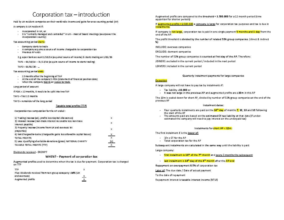1. ATX Corporate tax - Corporation tax – introduction Paid by UK ...