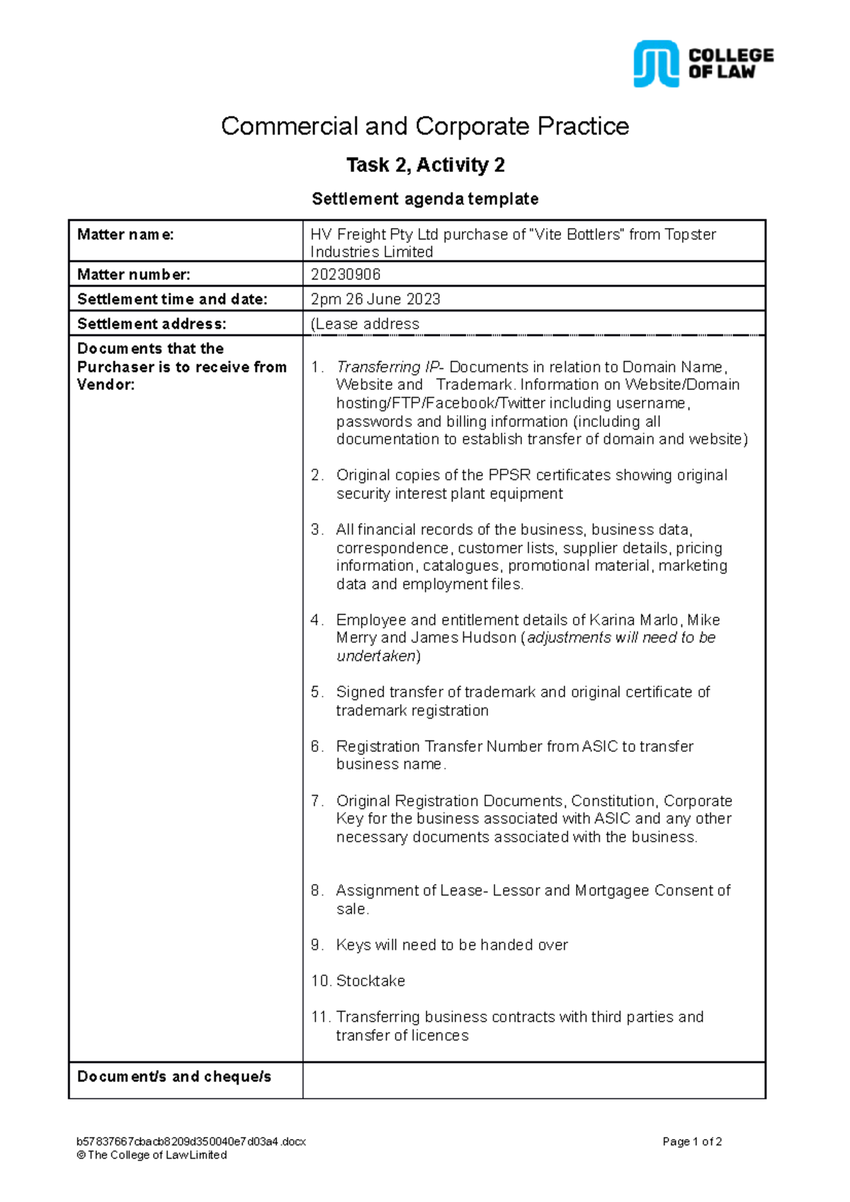 CCP T2 A2 settlement agenda - Commercial and Corporate Practice Task 2, Activity 2 Settlement ...