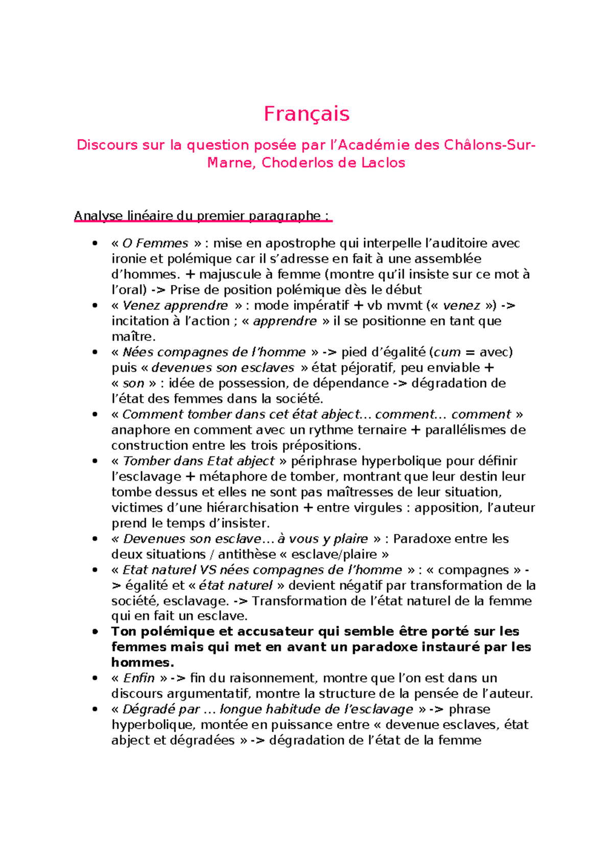 Analyse littéraire d'un Discours - Français Discours sur la question ...
