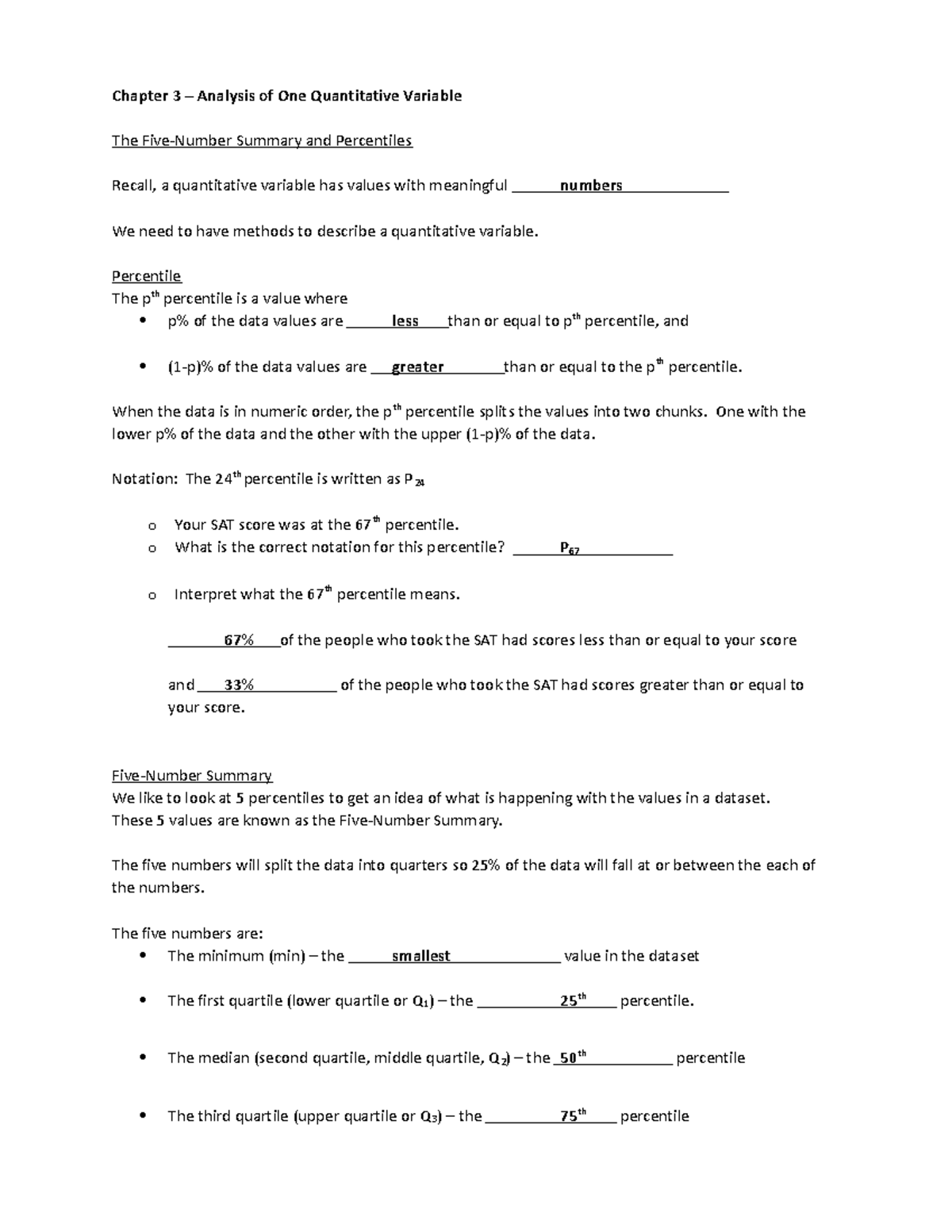 Chapter 3 Notes Chapter 3 Analysis Of One Quantitative Variable The Five Number Summary And