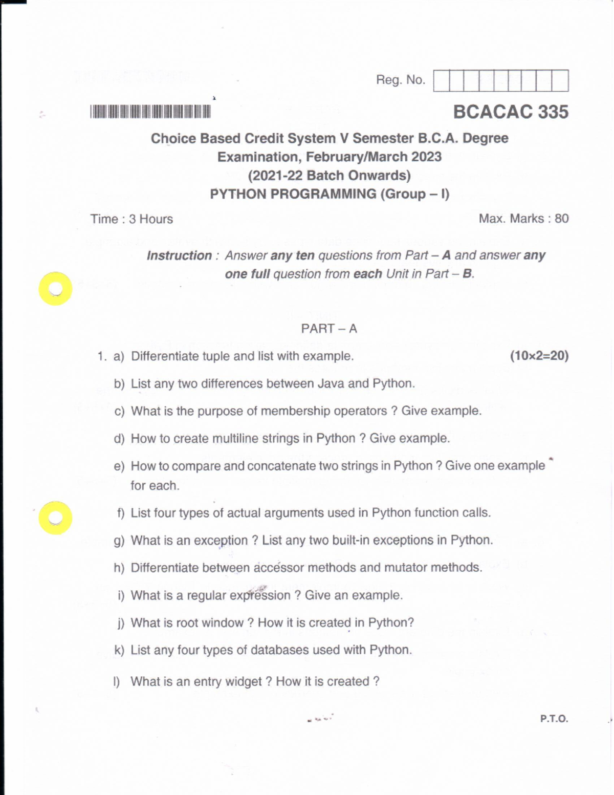 Bca V Semester Python Programming Feb 2023 Reg No Bcacac 335 Choice Based Credit System V