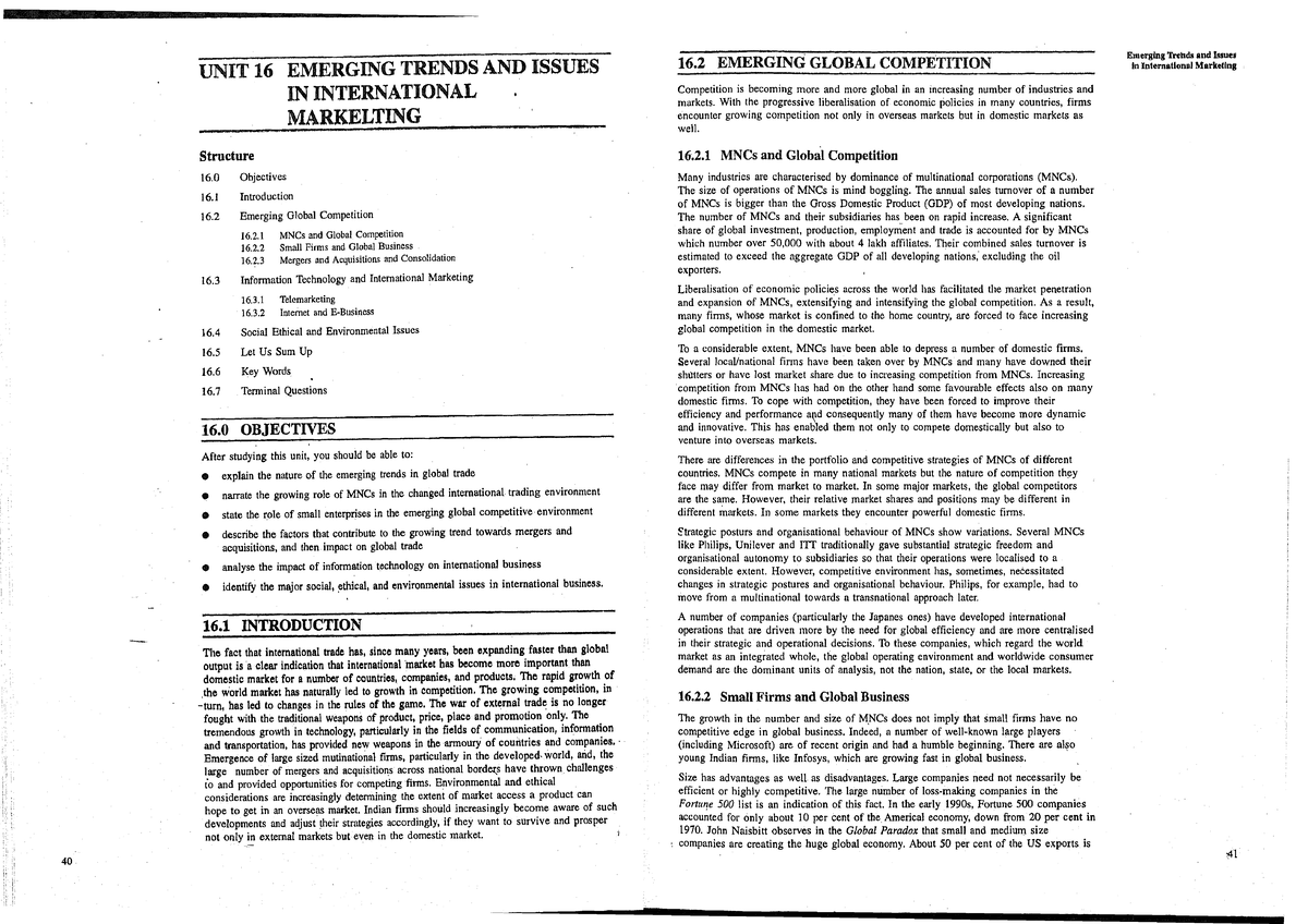 Unit-16 - Text Book - Chapter 16 - UNIT 16 EMERGING TRENDS AND ISSUES IN INTERNATIONAL ...