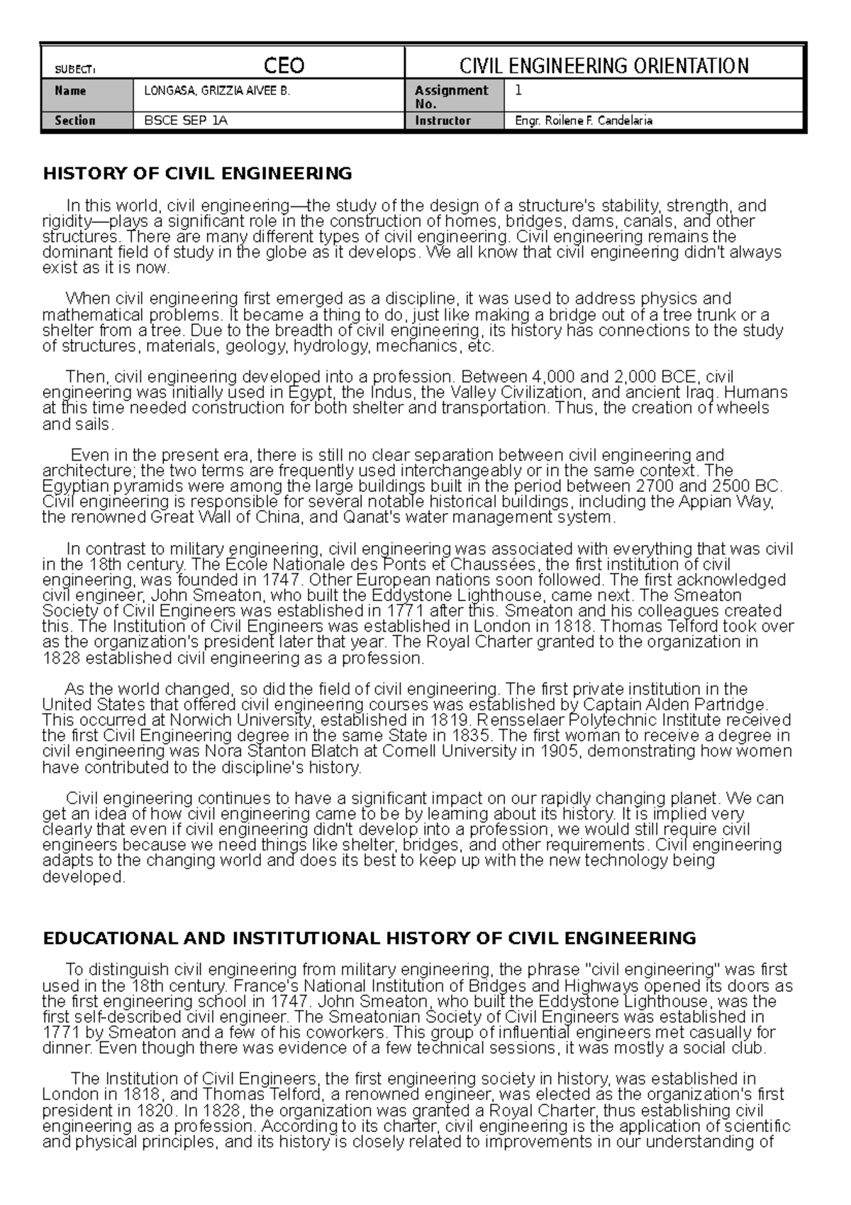 CE Orientation Assignment No.1 Template BSCE 1A- Longasa, Grizzia Aivee ...