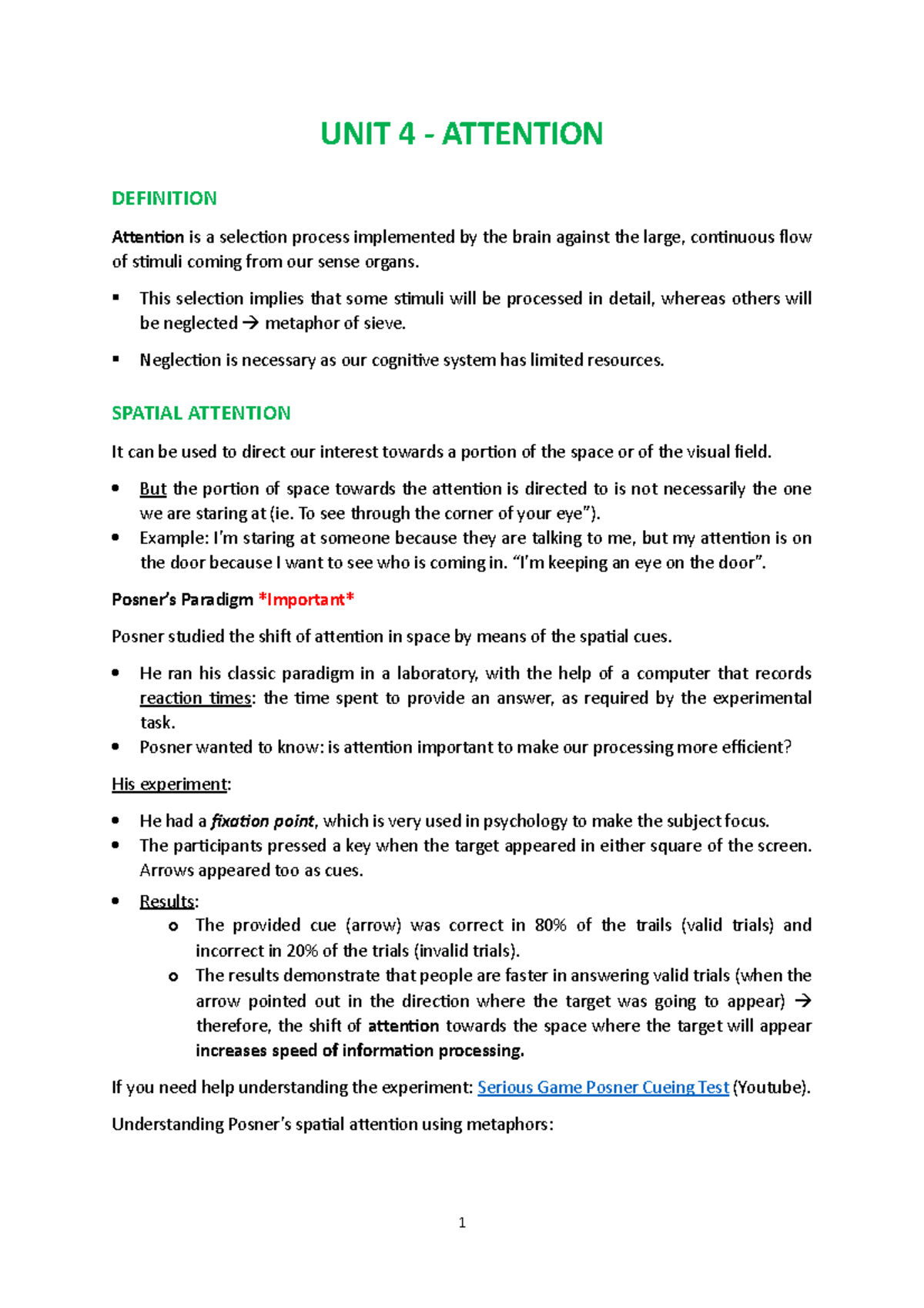 4. Attention Final - 1st year - Experimental Psychology - UNIT 4 ...