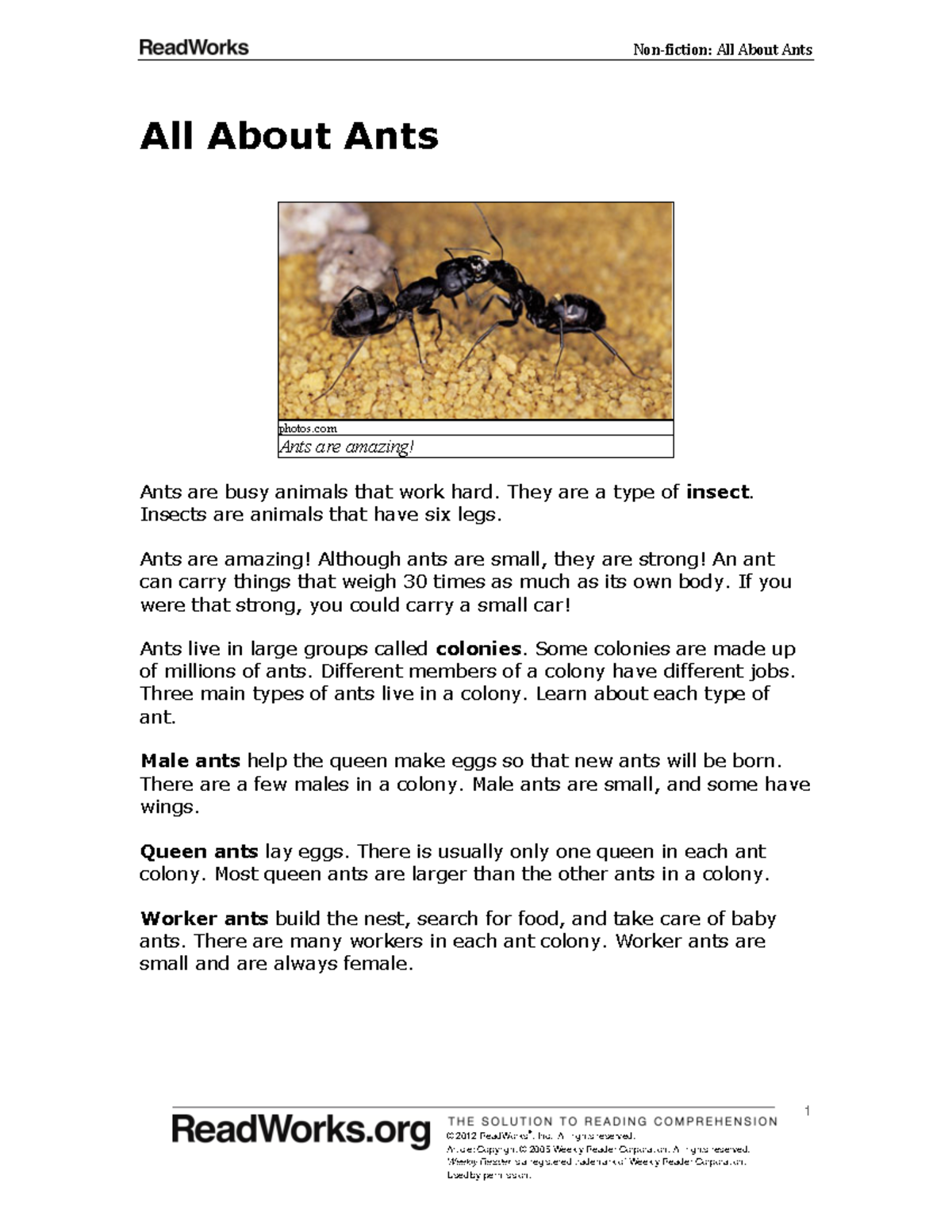 Ants - Hope this helps. - Non-­‐fiction: All About Ants © 2012 ...
