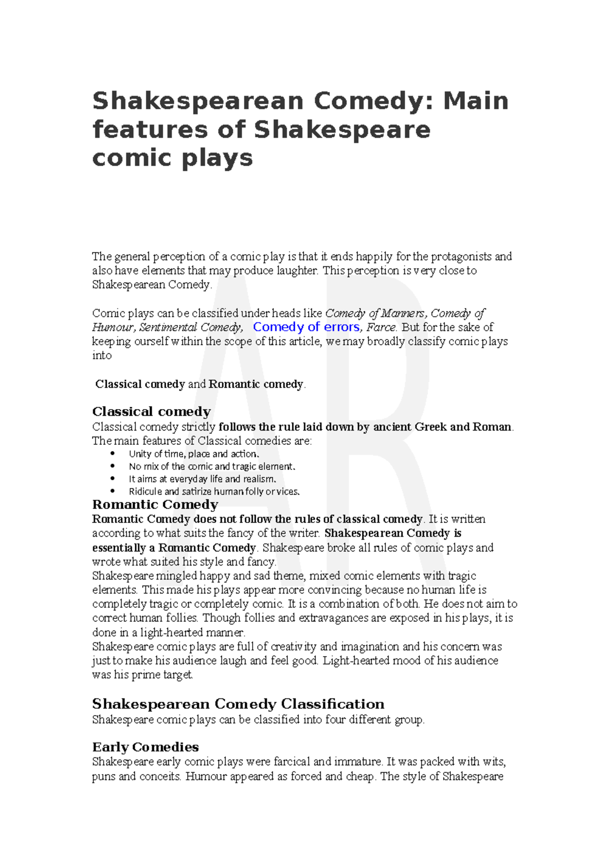 Shakespearean Comedy - nilll - Shakespearean Comedy: Main features of ...