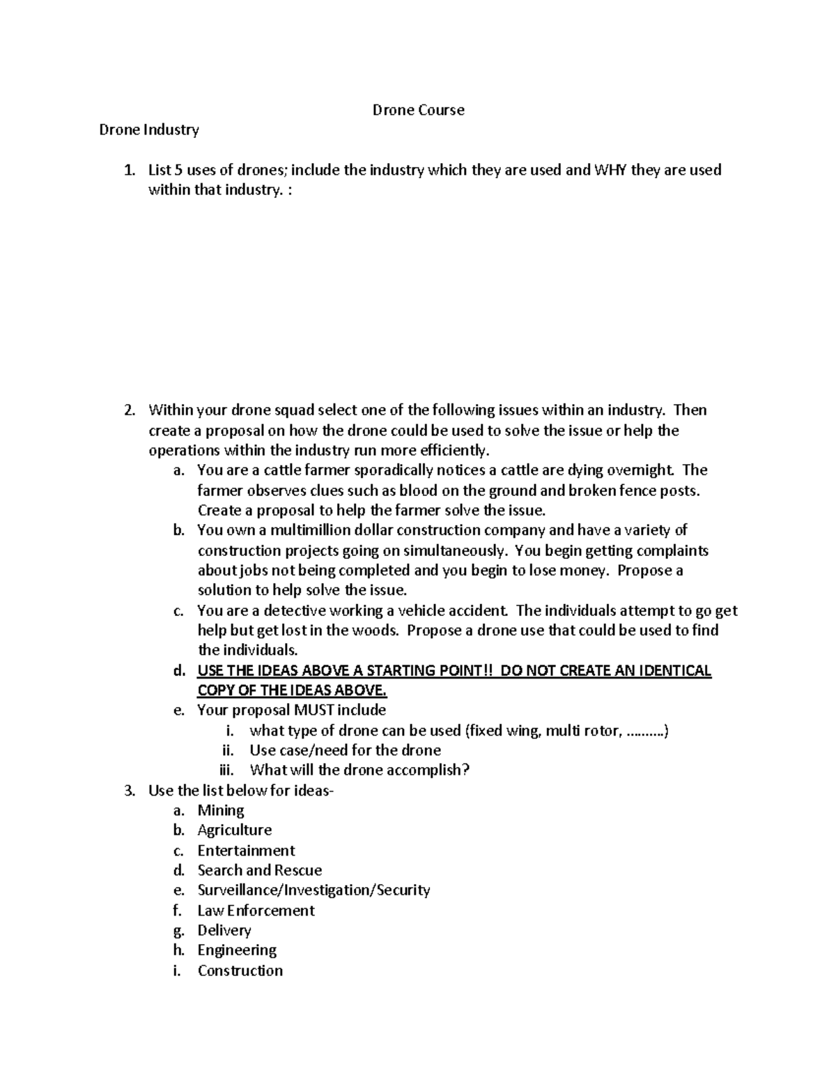 Drone Course Student Handout - Drone Course Drone Industry List 5 uses ...