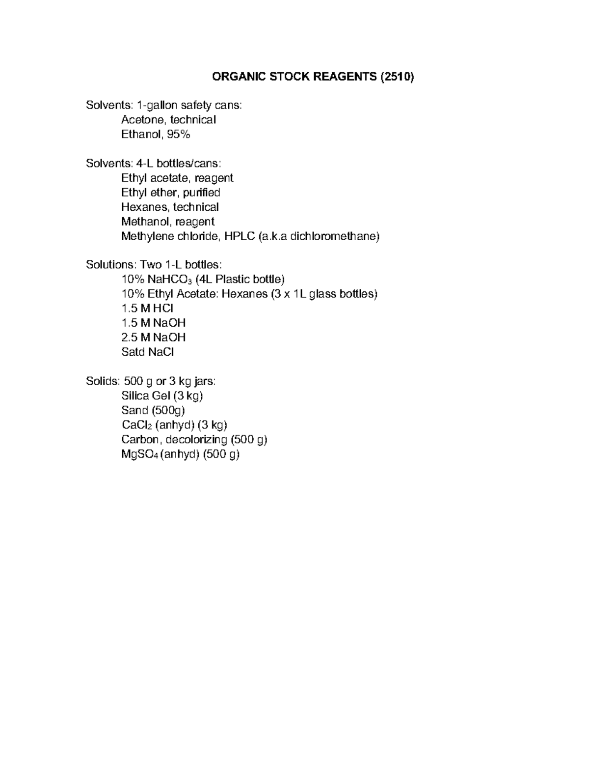 Organic Stock Reagents - ORGANIC STOCK REAGENTS (2510) Solvents: 1 ...