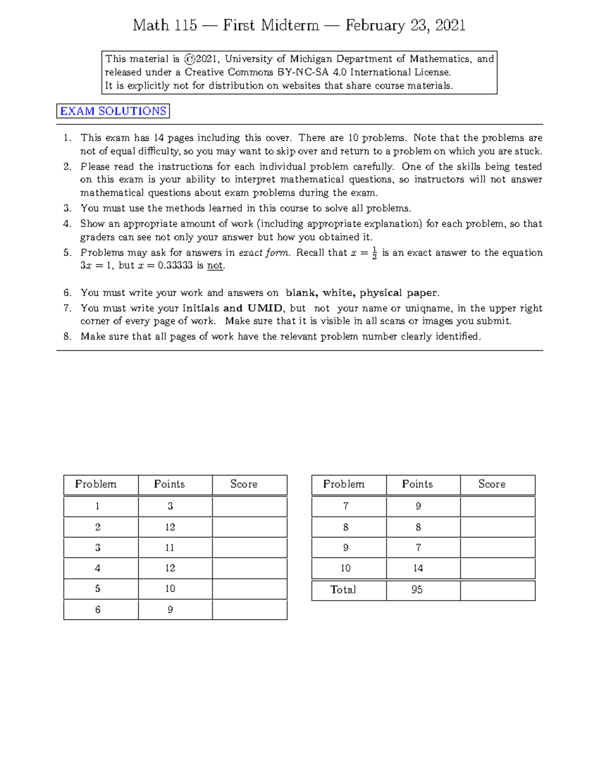 University of Michigan MATH 115 Past Tests 2021 - Math 115 — First ...