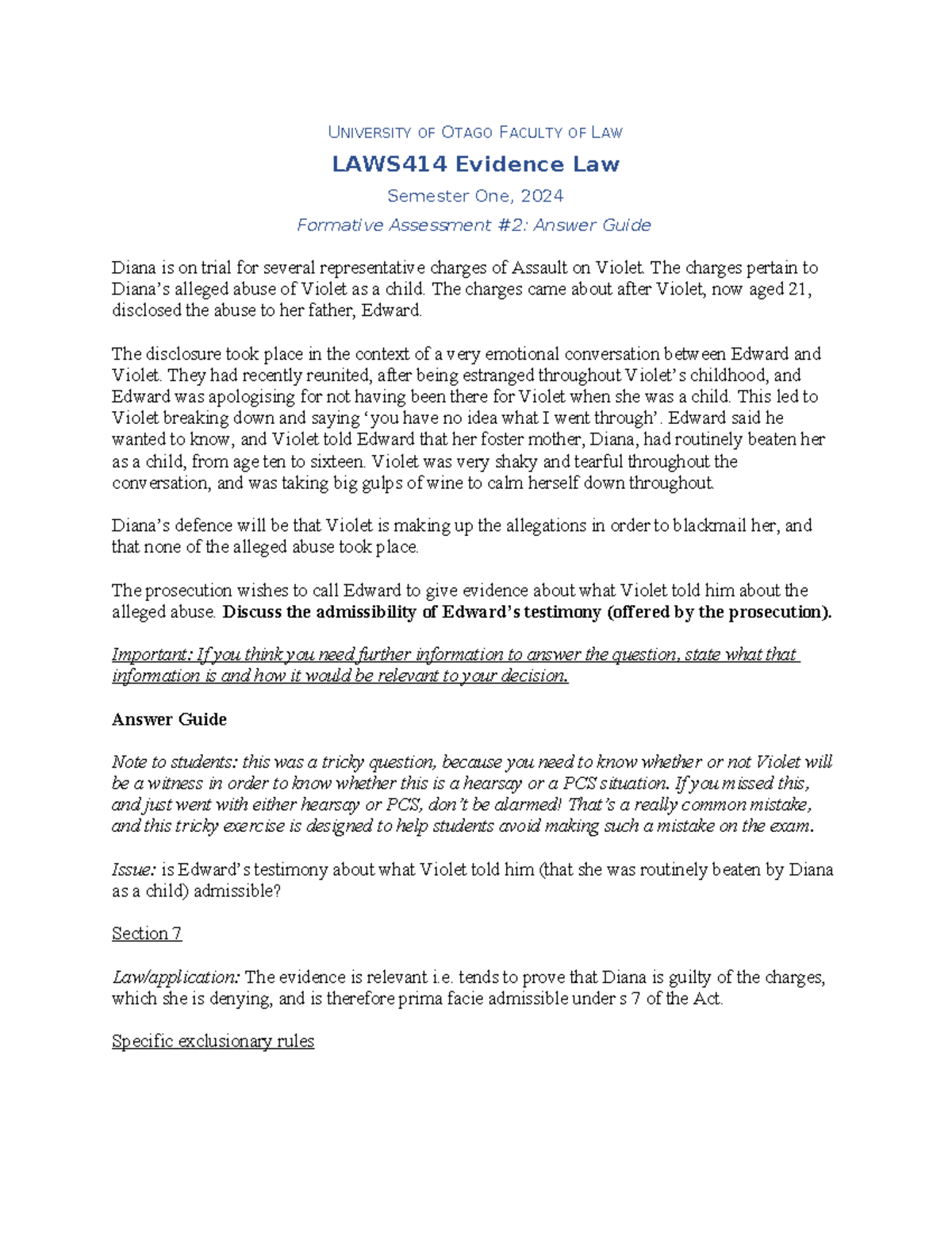 Formative Assessment 2 Answer Guide - UNIVERSITY OF OTAGO FACULTY OF ...