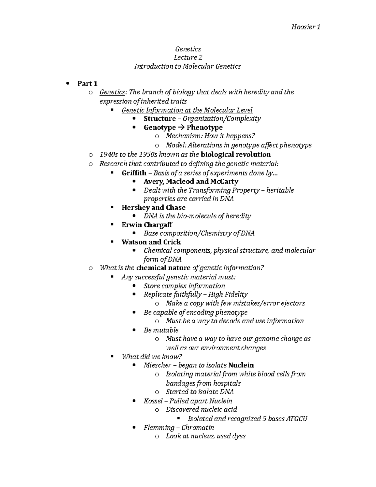 L2 – Molecular Genetics Intro - Genetics Lecture 2 Introduction to ...