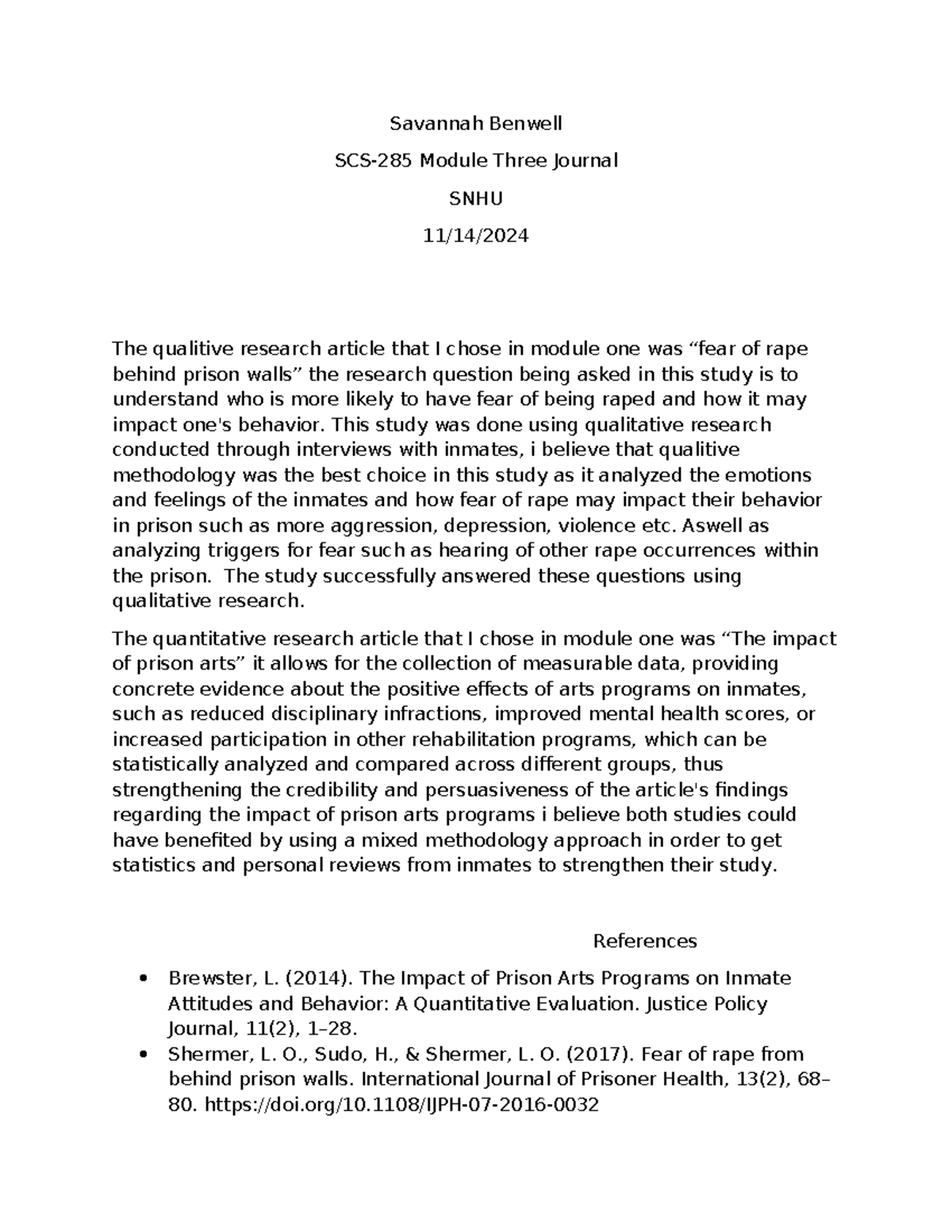 Document 16 - SCS 3-1 JOURNAL - Savannah Benwell SCS-285 Module Three ...