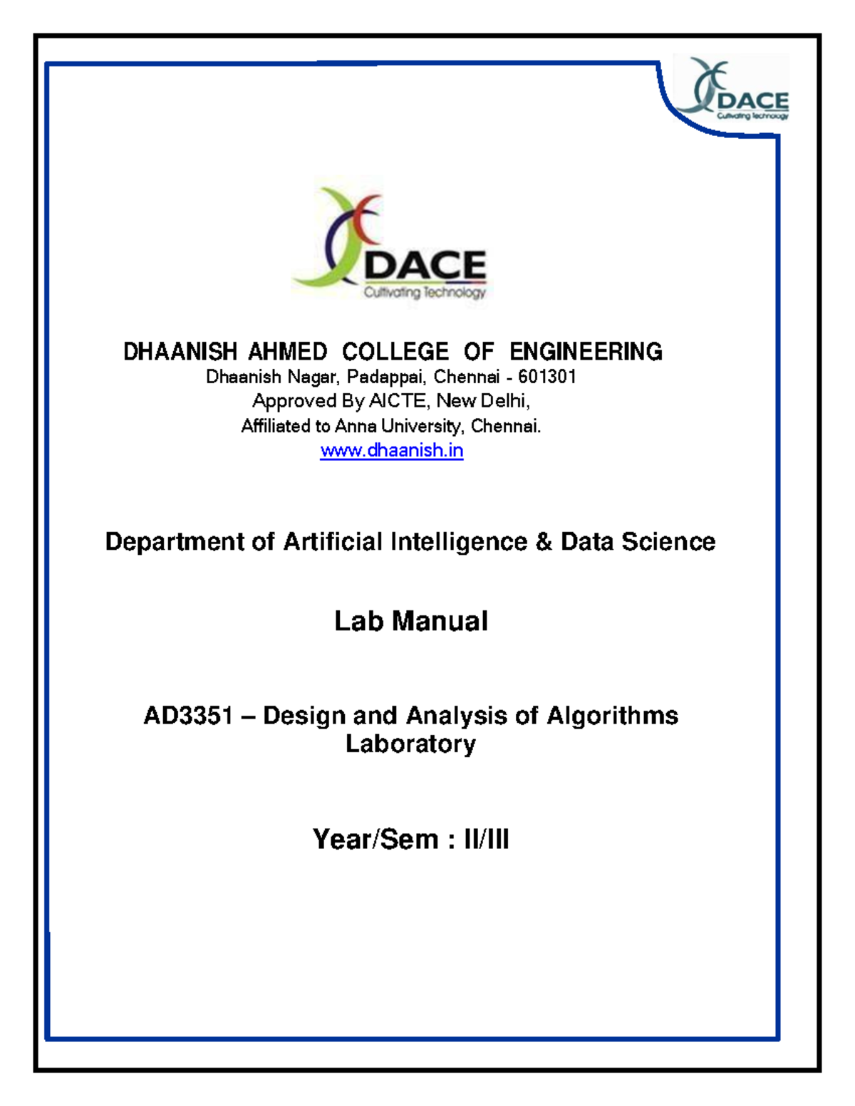DAA lab Record - Daa - DHAANISH AHMED COLLEGE OF ENGINEERING Dhaanish ...