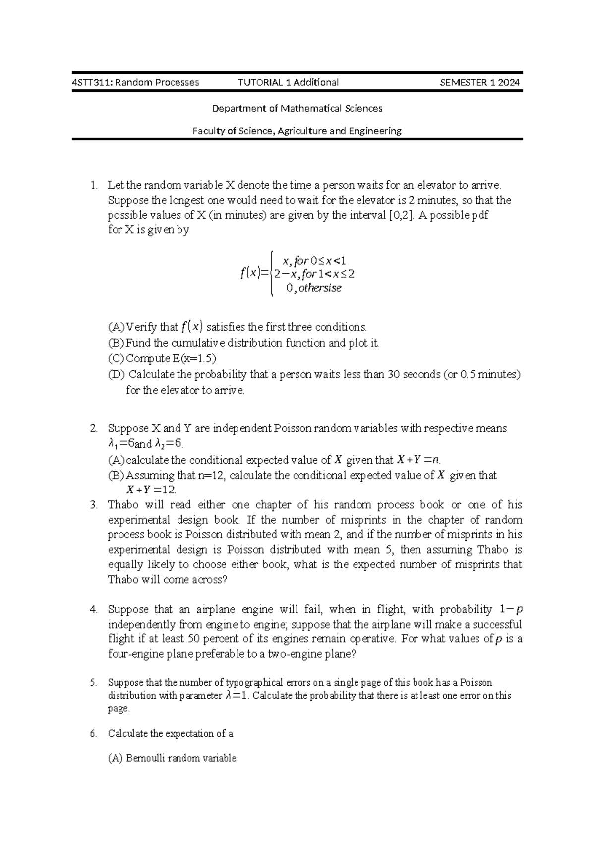 4STT311 Tutorial 1 extra - 4STT311: Random Processes TUTORIAL 1 Additional SEMESTER 1 2024 - Studocu