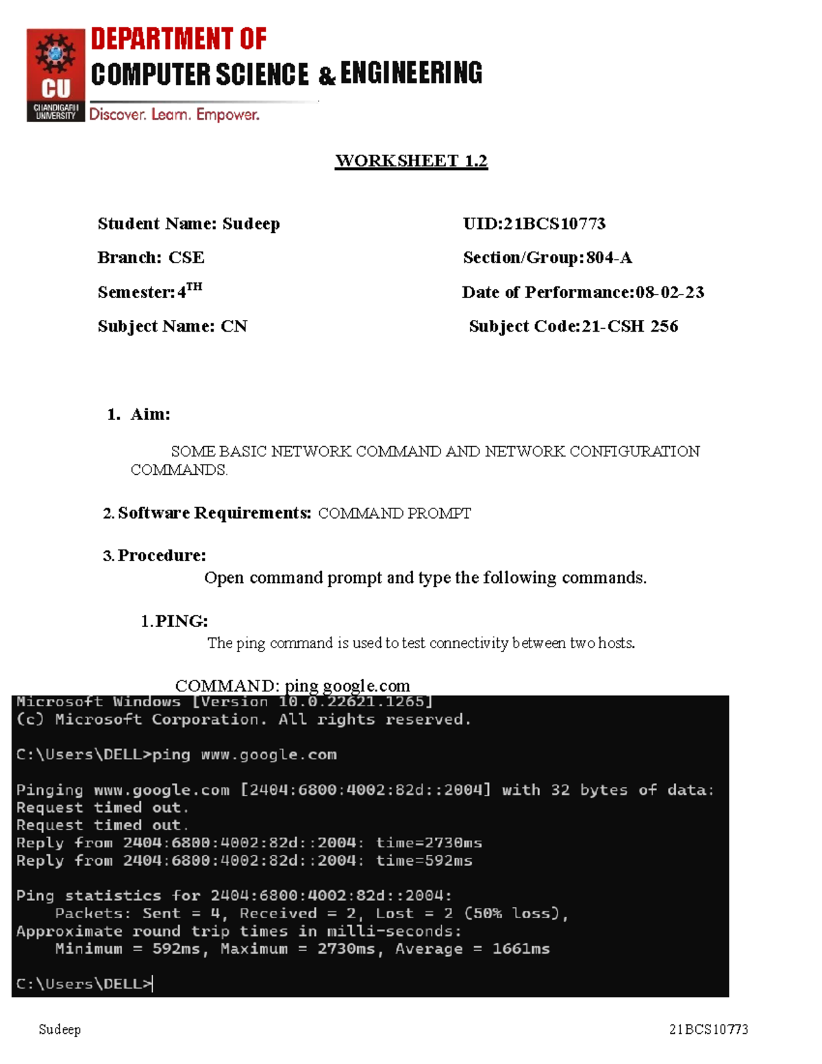 Cn1 - DEPARTMENT OF COMPUTER SCIENCE & ENGINEERING WORKSHEET 1. Student ...
